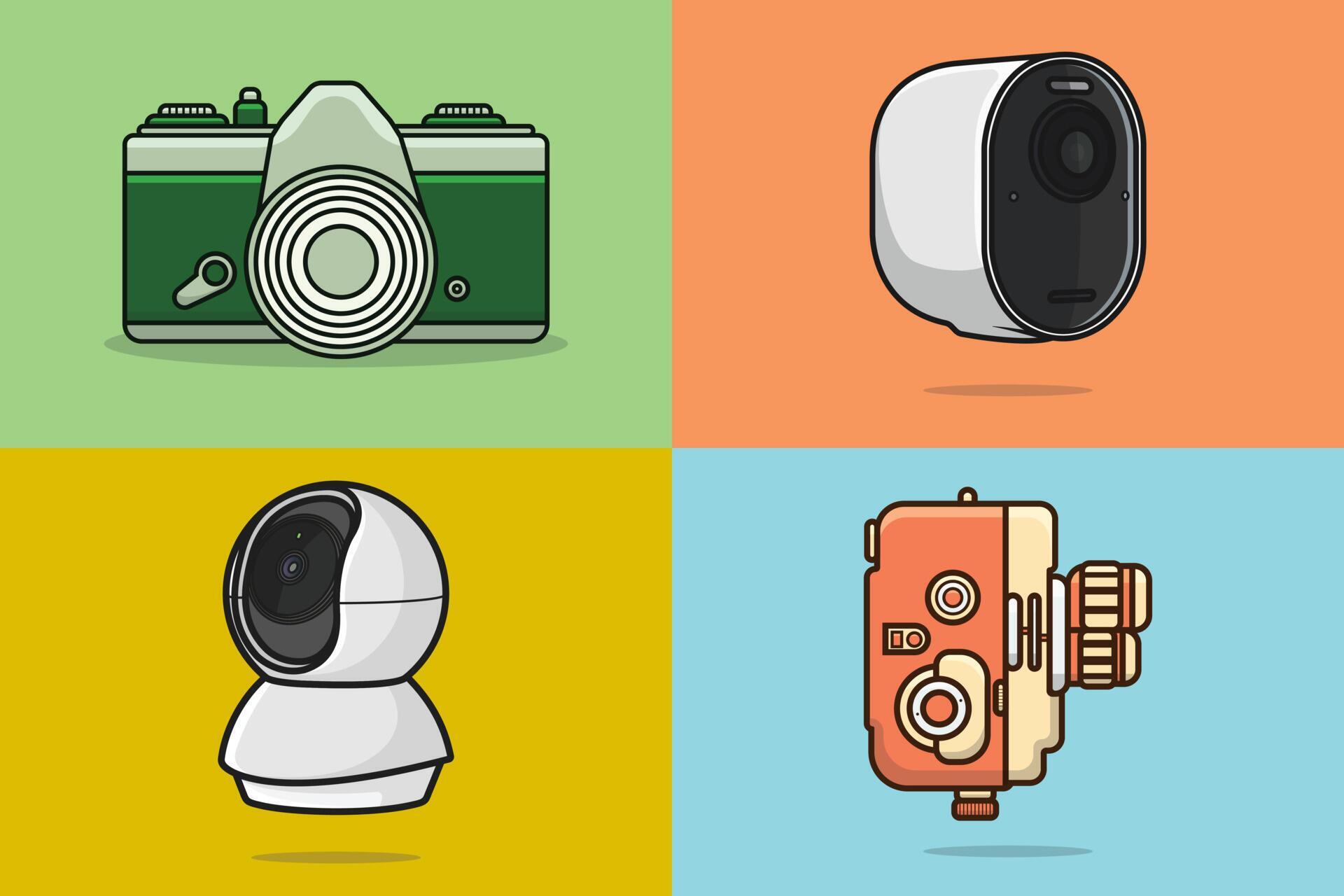 Collection of Digital Cameras vector illustration. Science and technology objects icon concept ...