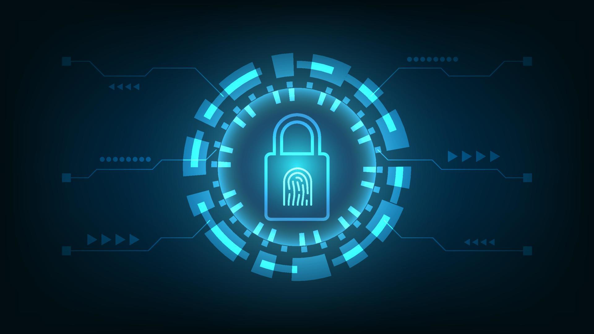 digital padlock and fingerprint with HUD virtual screen on dark blue background. cyber security ...