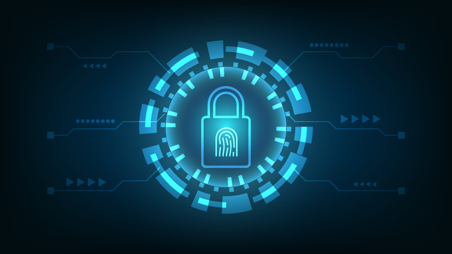 Digital Padlock And Fingerprint With Hud Virtual Screen On Dark Blue Background Cyber Security