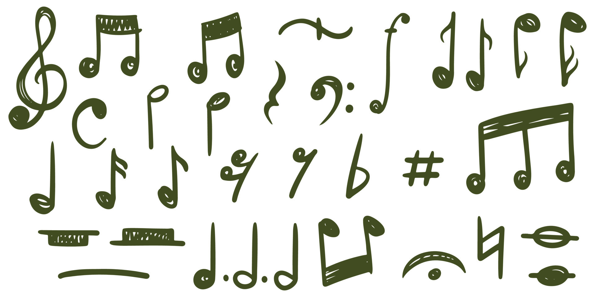 Hand drawn music notes doodle icon set isolated on white background ...
