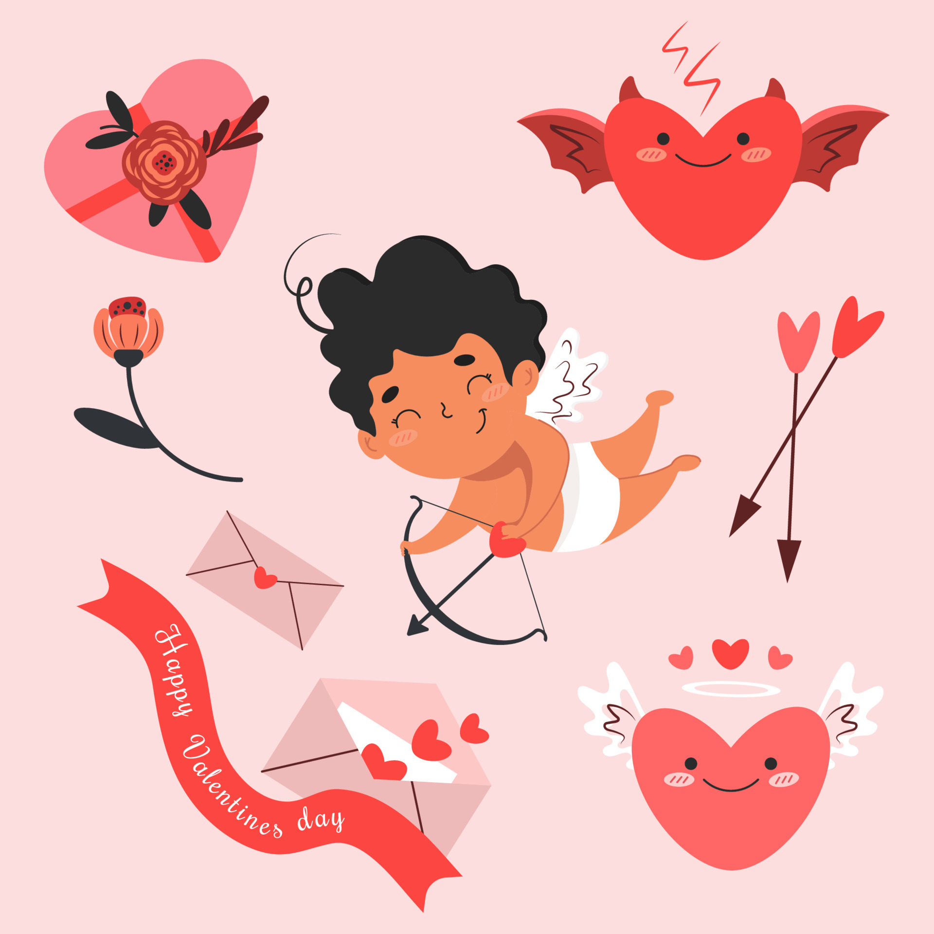 Set of elements for Valentine's Day. Cupid and arrows, gifts and ...