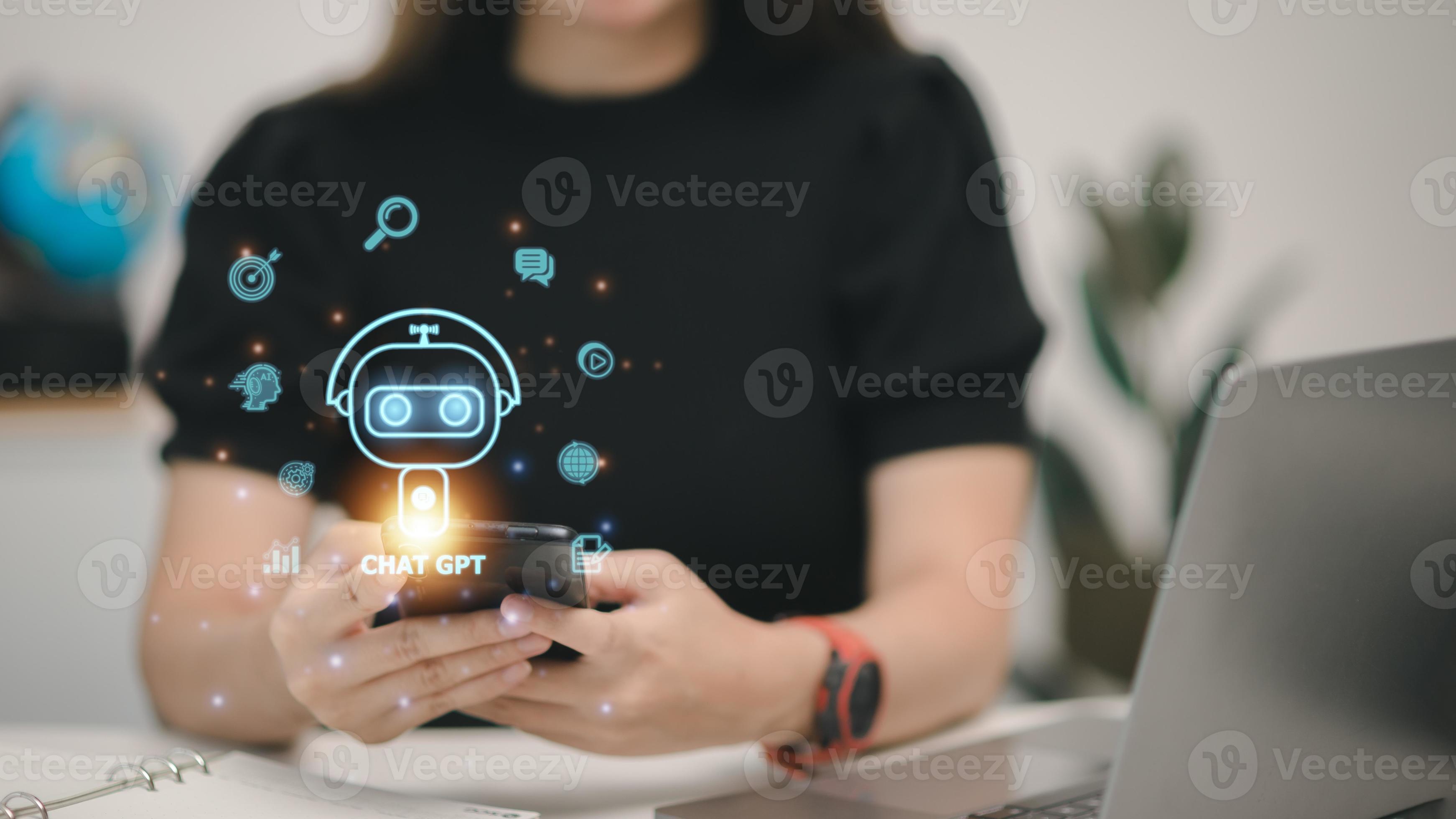 ChatGPT Chat with AI or Artificial Intelligence. woman chatting with a ...