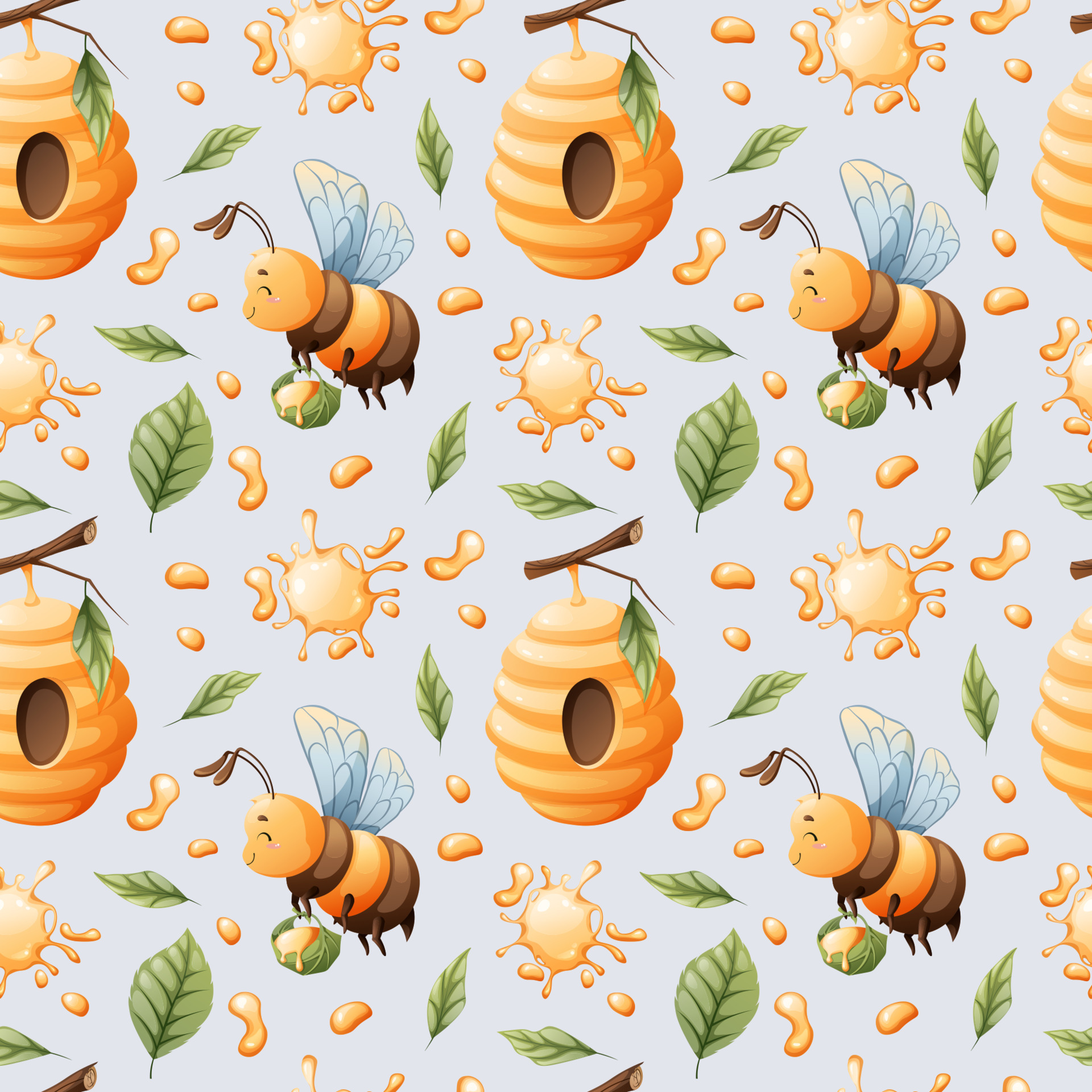 Vector seamless pattern with cute bees, honey, hive and flowers. Great ...