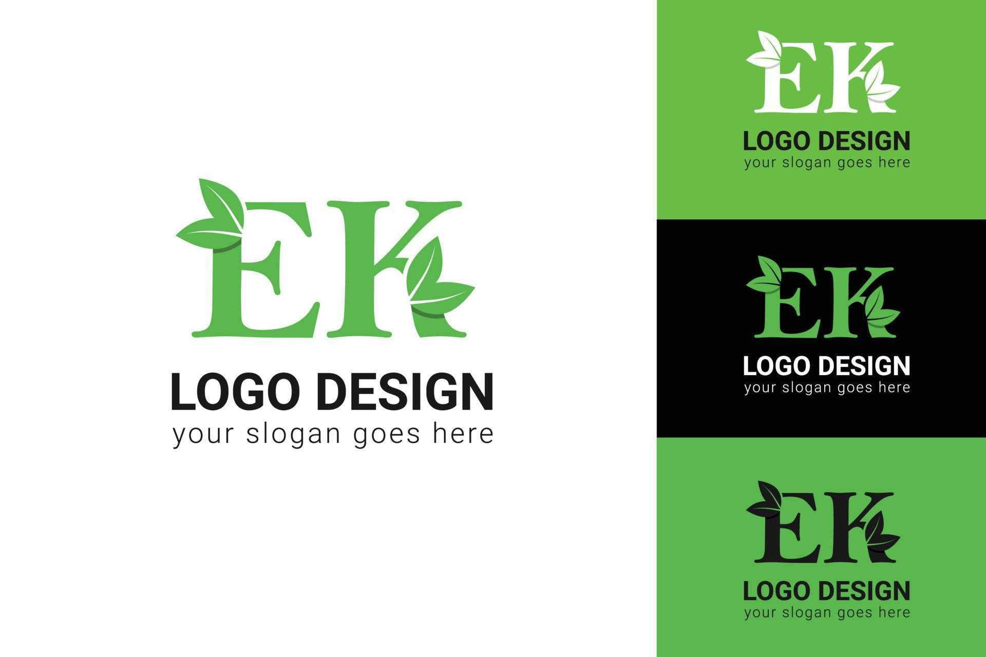 Ecology EK letters logo with green leaf. EK letters eco logo with leaf. Vector typeface for ...
