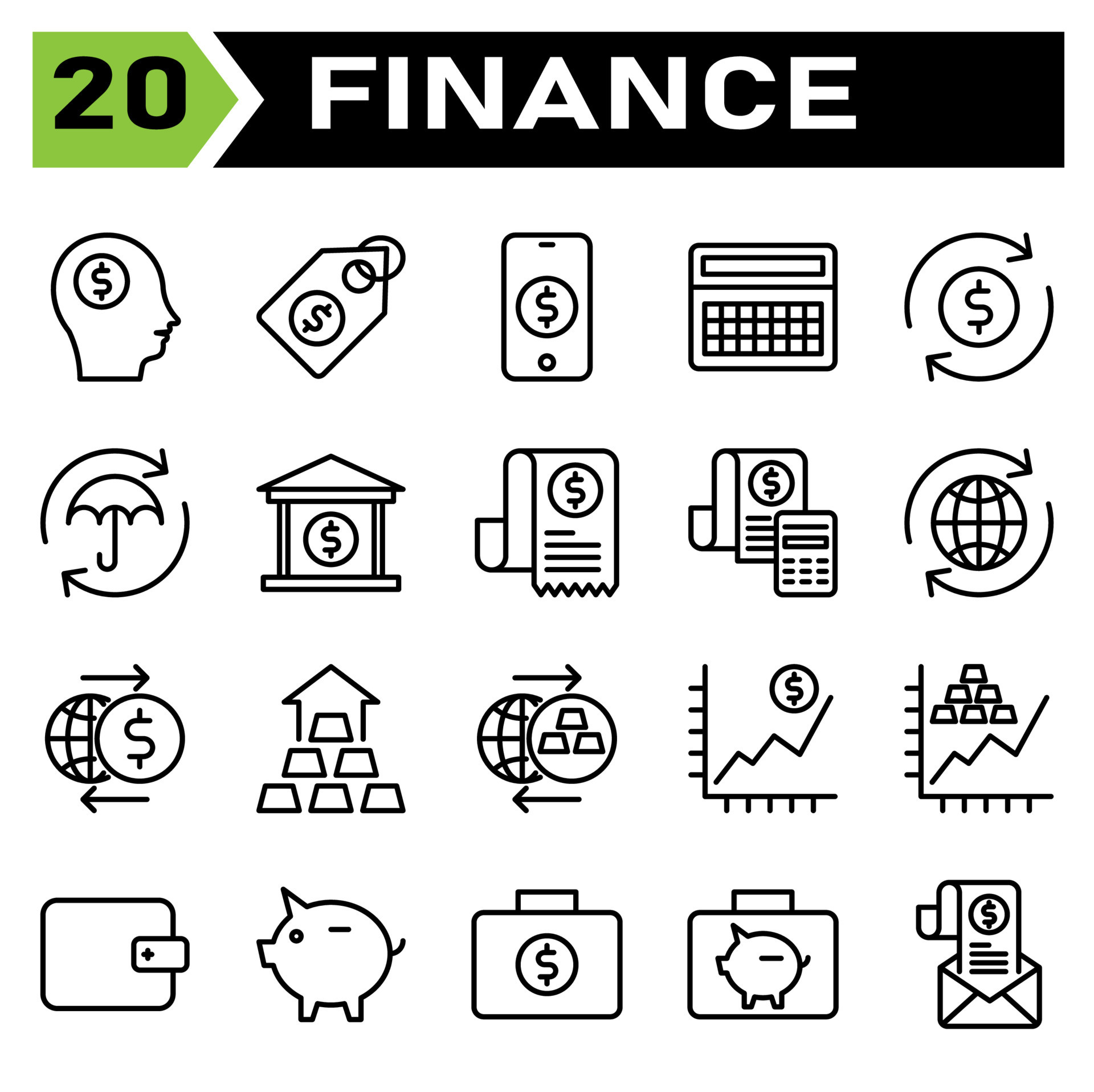 el conjunto de iconos de finanzas incluye cabeza, dinero, dólar, negocios, rico, etiqueta ...