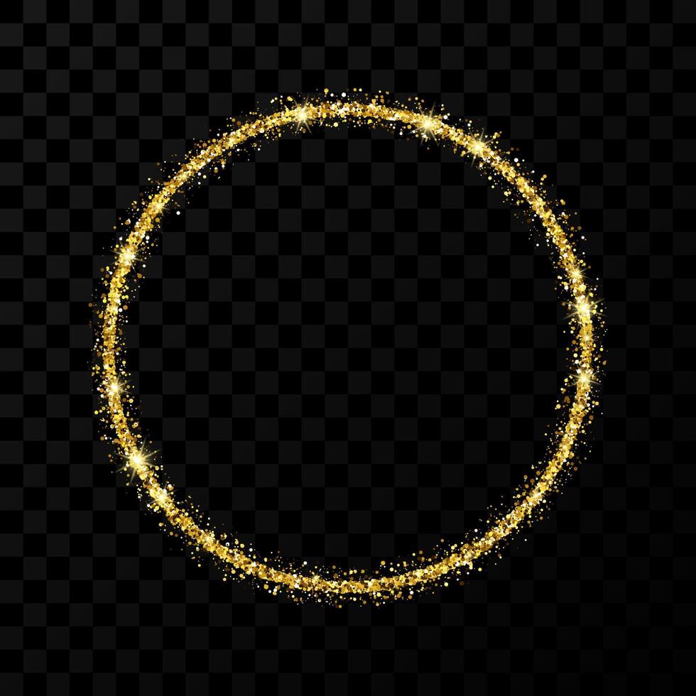Gold glitter frame. Circle frame with shiny stars and sparkles on dark transparent background ...