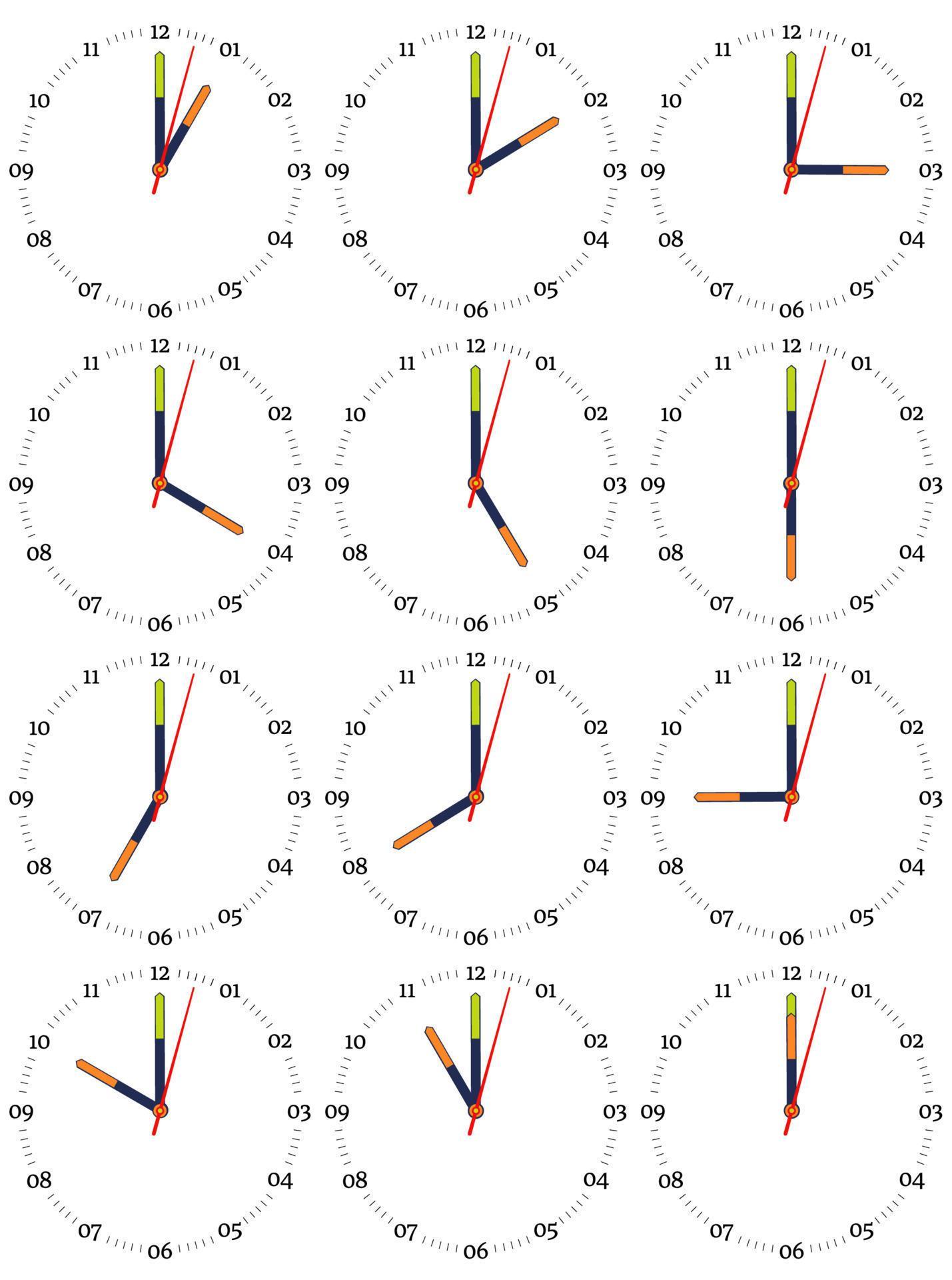 A set of mechanical clocks with an image of each of the twelve hours ...