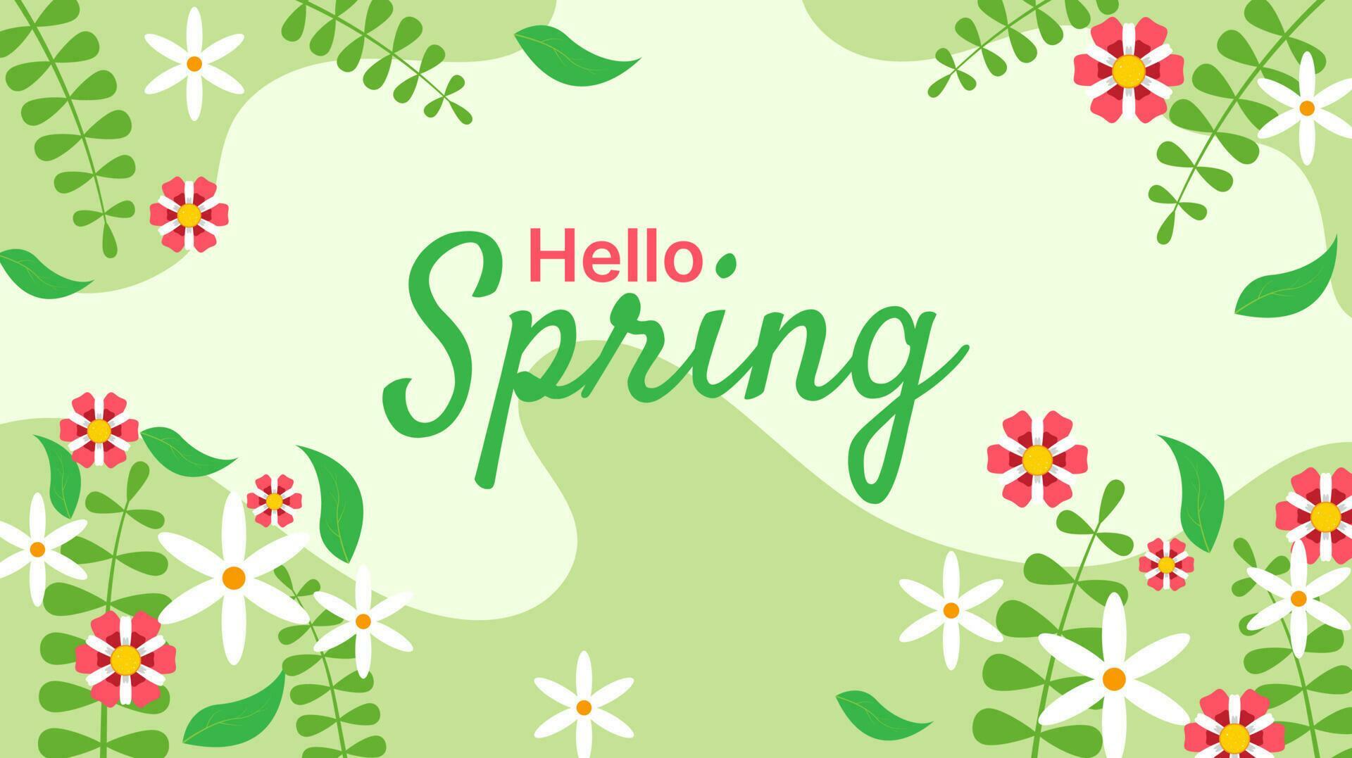 Hello spring banner with flat flowers and leaves illustration. seasonal ...