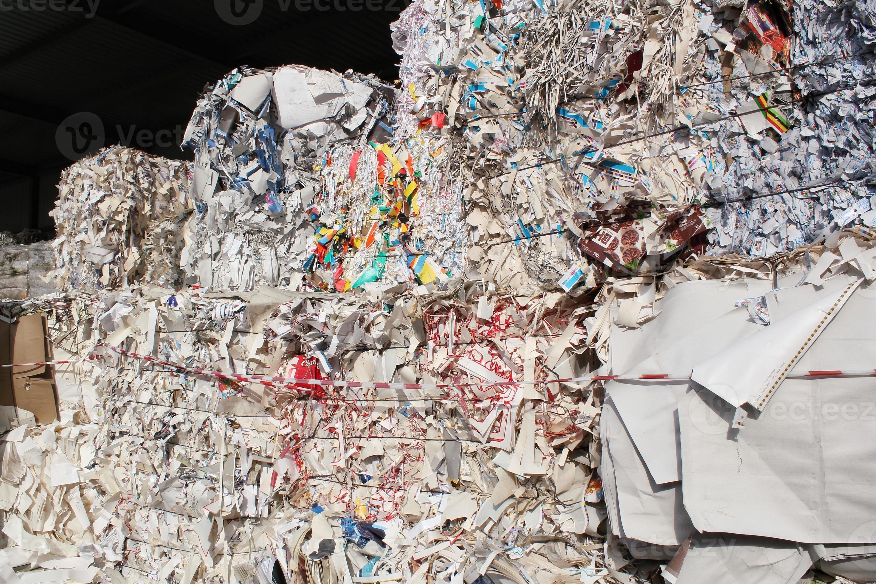 Wastepaper compact texture pile for recycling on sorting plant. Technology of reuse materials ...