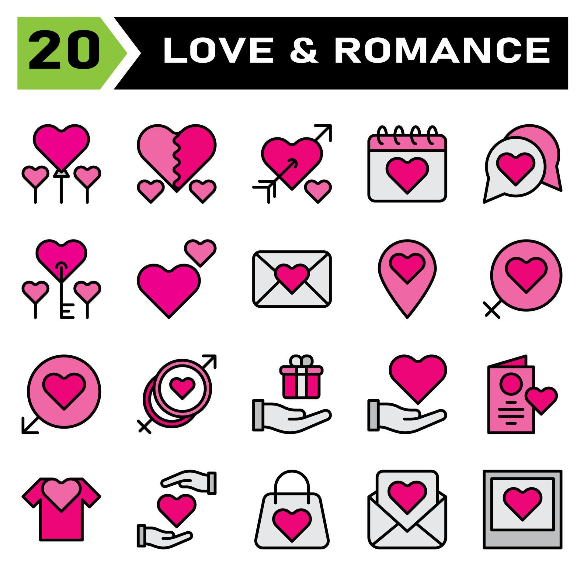 Love and romance icon set include balloon, love, romantic, heart, valentine, broken, romance ...