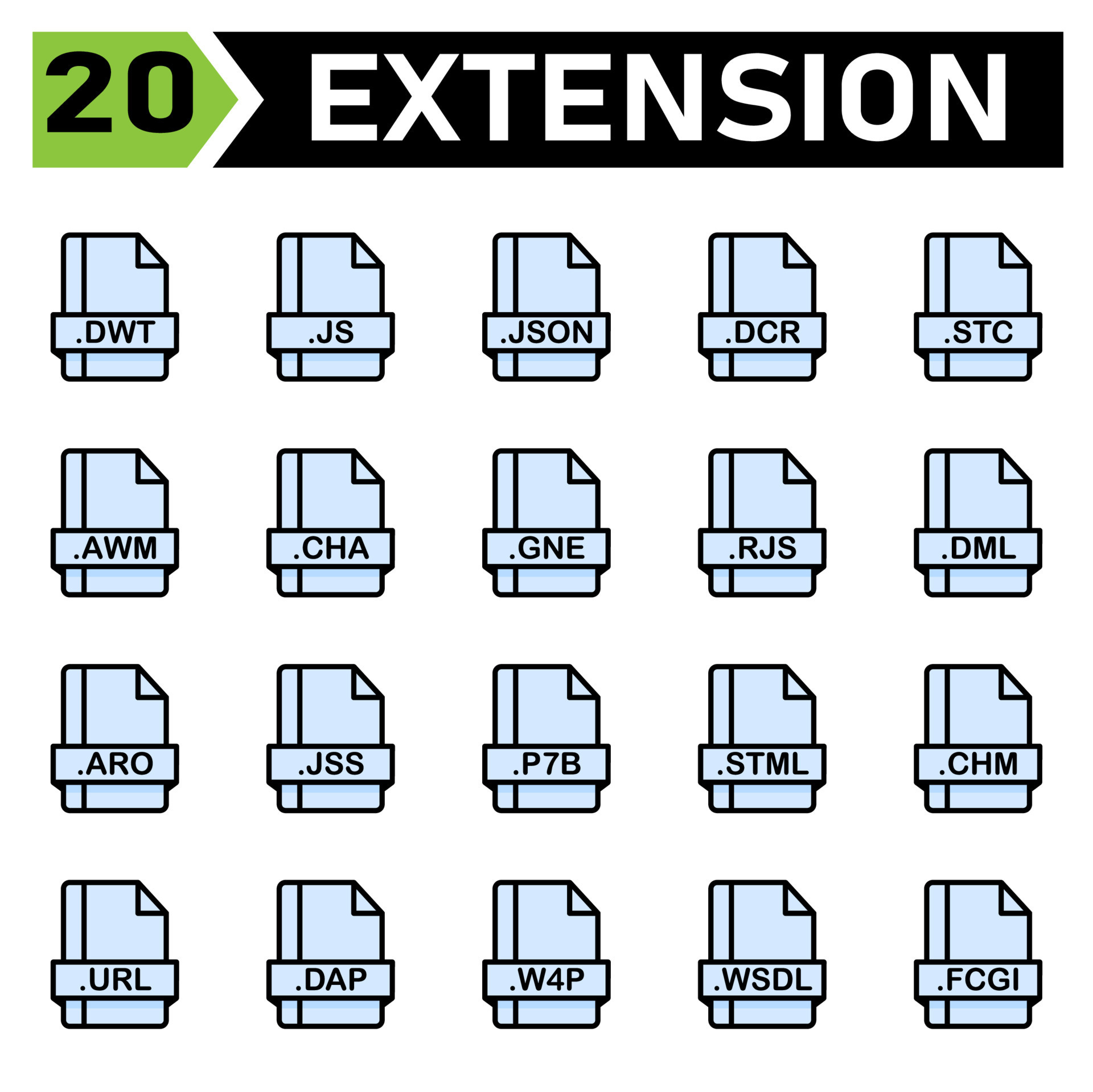 File extension icon set include dwt, js, json, dcr, stc, awm, cha, gne ...