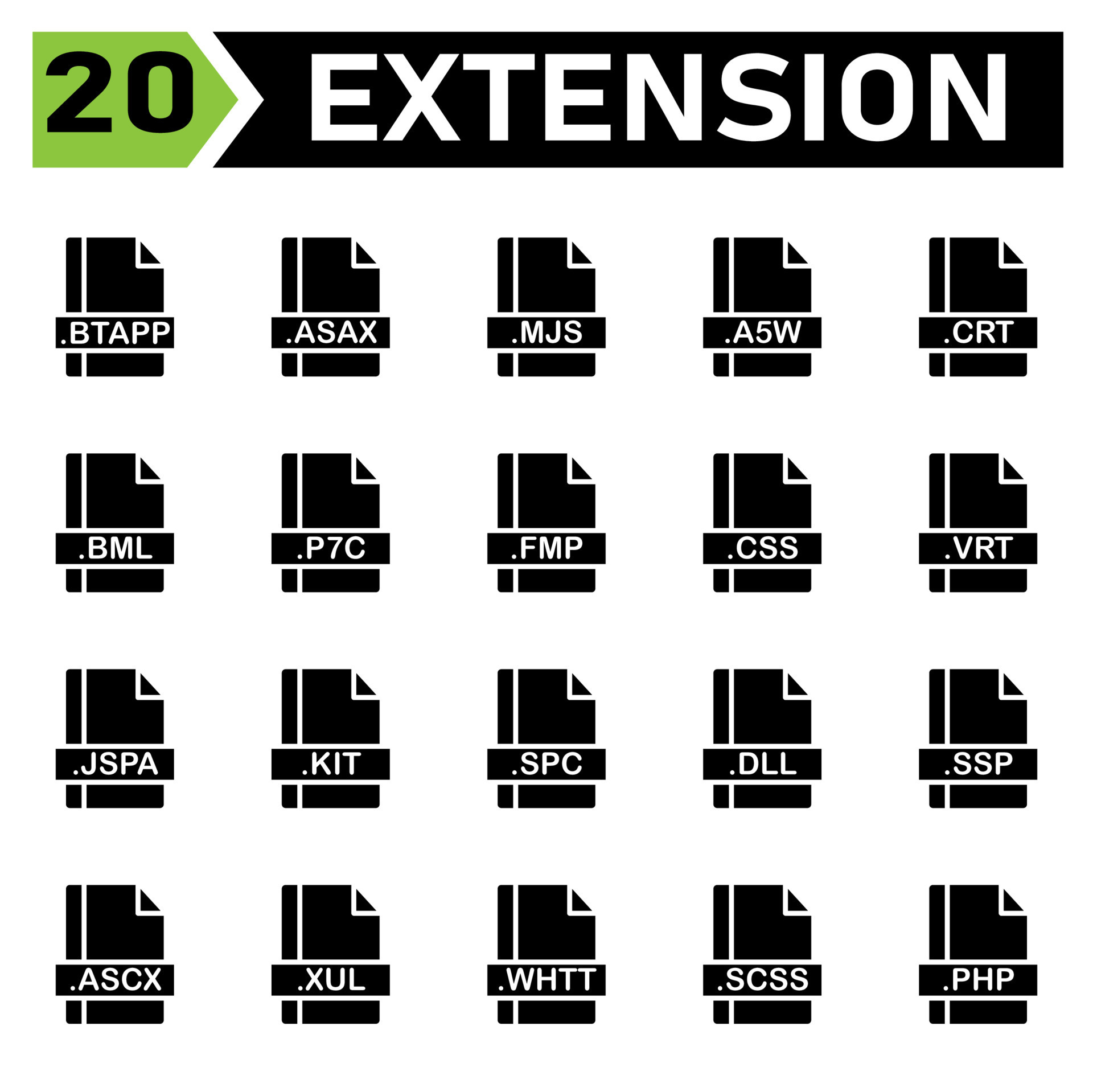 File extension icon set include btapp, asax, mjs, a5w, crt, bml, p7c ...