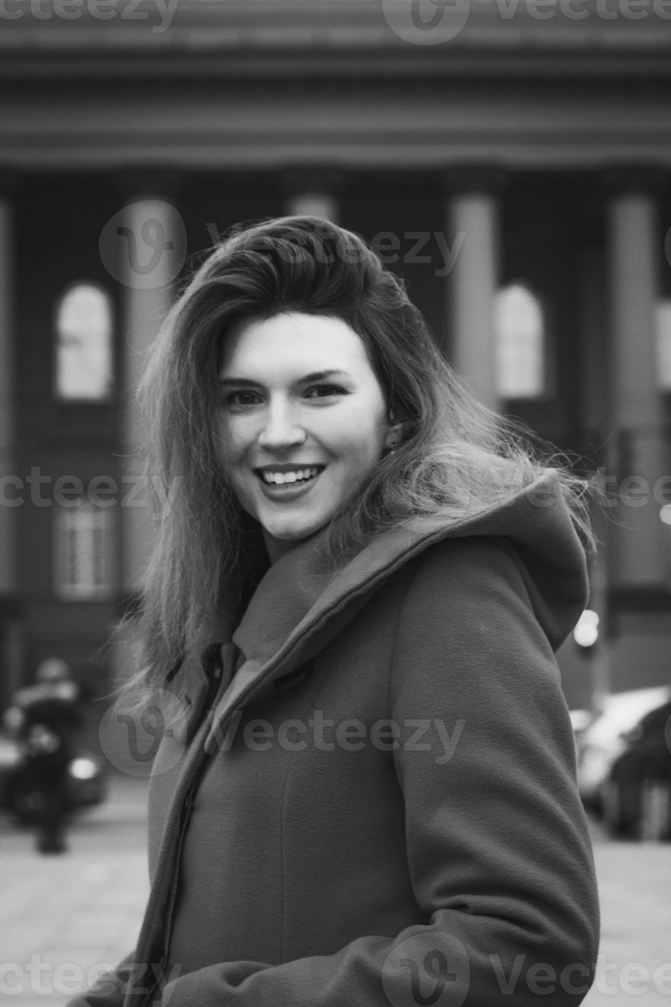 Close Up Positive Woman Posing On Street Monochrome Portrait Picture