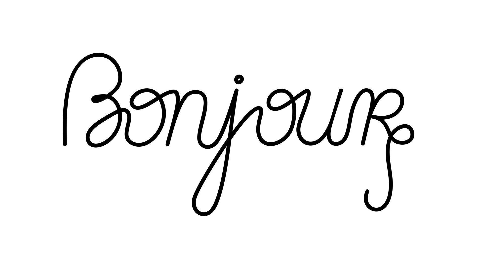 Bonjour word translated as Hello from French, handwritten inscription simple line calligraphic ...