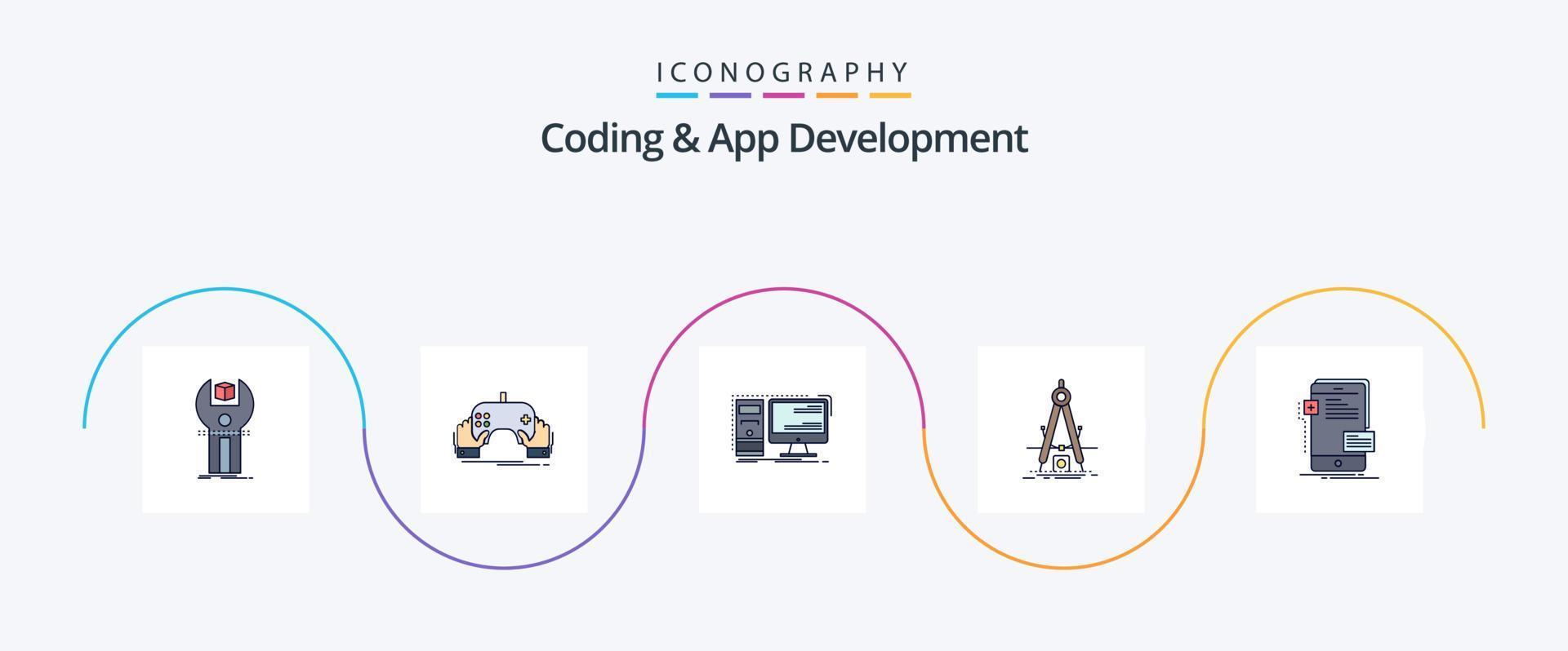Coding And App Development Line Filled Flat 5 Icon Pack Including