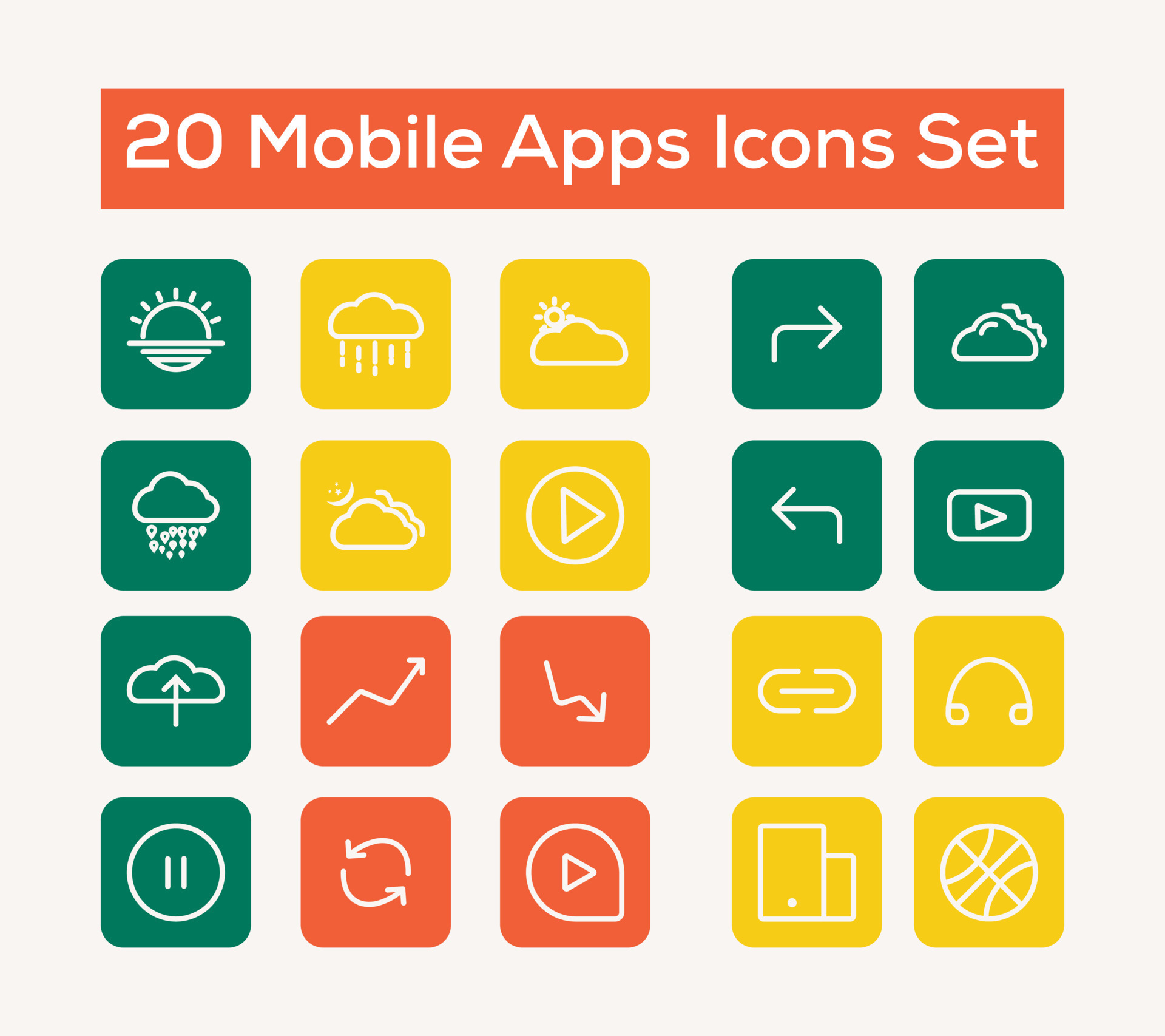 20 Essential Mobile Apps Icon Set, Weather Icon Set, Play Button, Download Button, Arrow Key ...