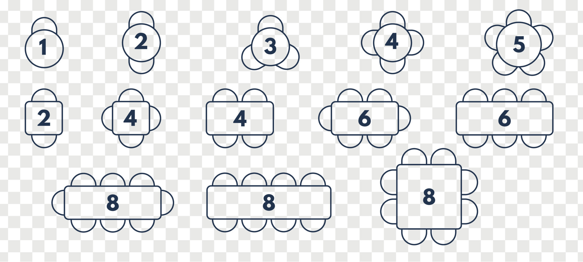 Table maps for restaurant seating capacity. Different chair and table sizes for event or party ...