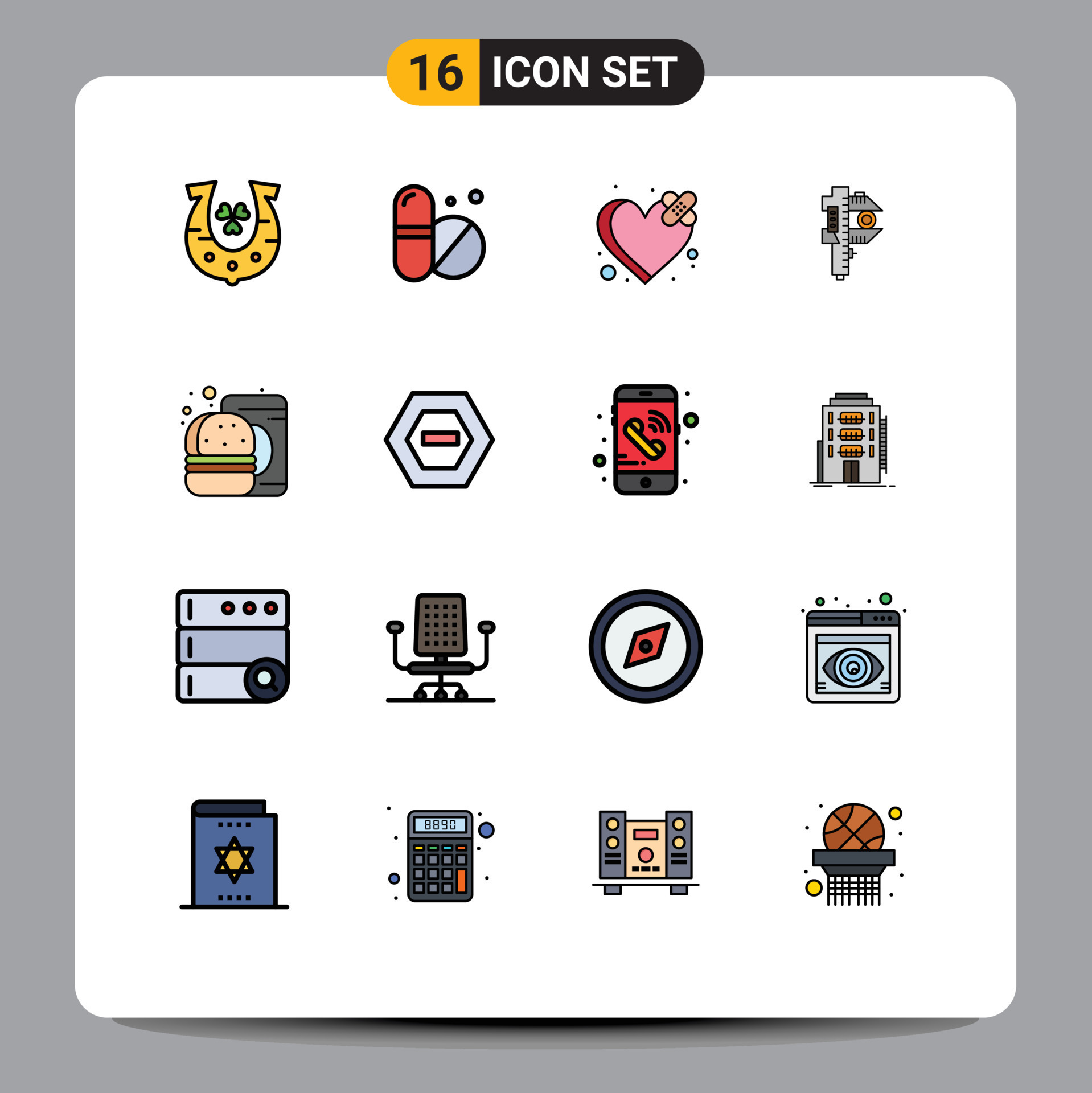 Set Of 16 Vector Flat Color Filled Lines On Grid For Drink Tiny Breakup Small Accuracy Editable