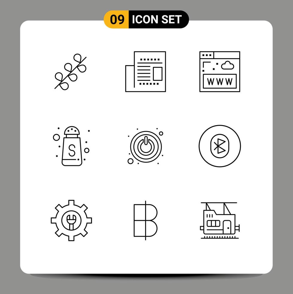 Mobile Interface Outline Set of 9 Pictograms of switch power communications sugar bottle serve ...