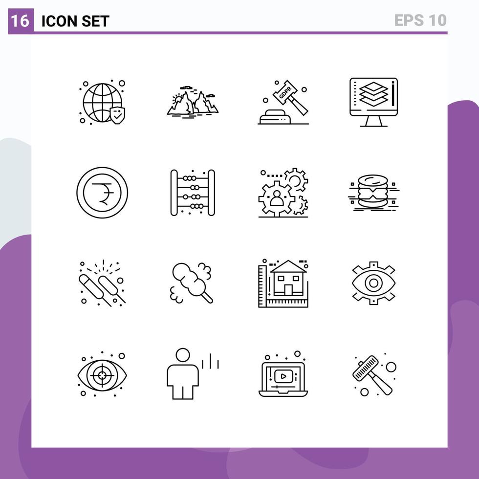 Universal Icon Symbols Group Of 16 Modern Outlines Of Screen Code Sun