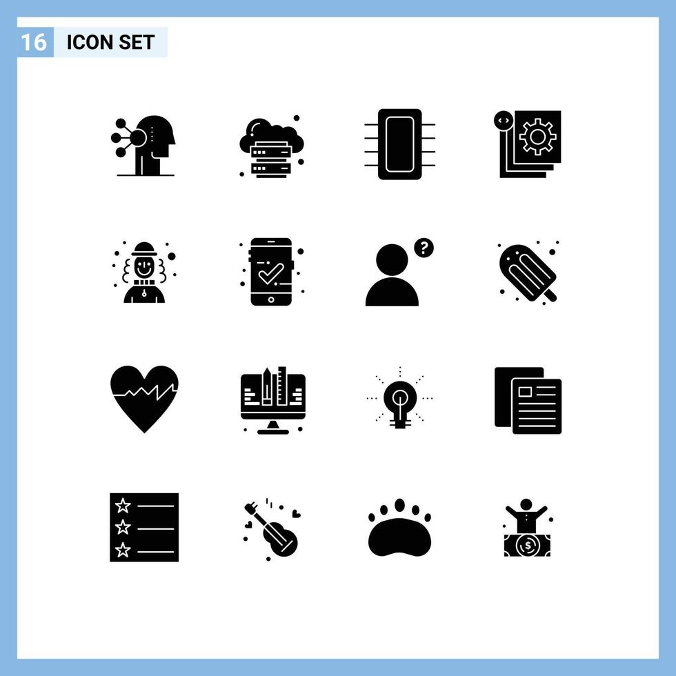 Set Of 16 Vector Solid Glyphs On Grid For Process Develop Platform Coding Gadget Editable Vector
