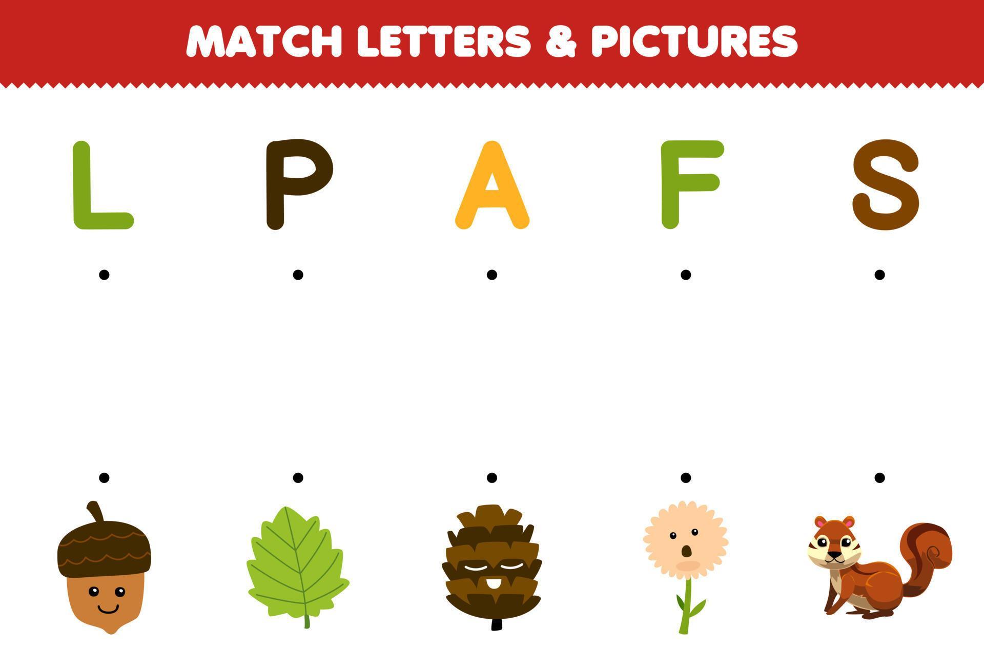 Education game for children match letters and pictures of cute cartoon ...