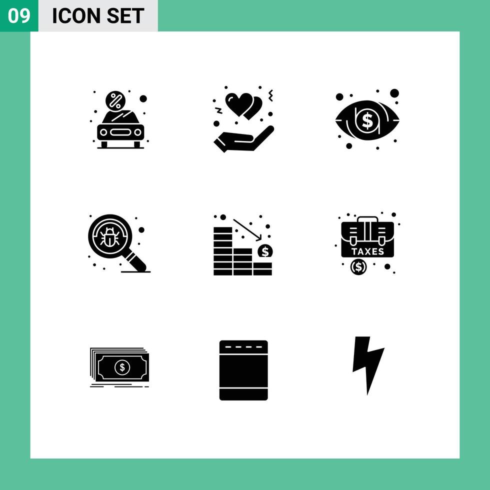 User Interface Pack of 9 Basic Solid Glyphs of decrease virus heart search bug Editable Vector ...