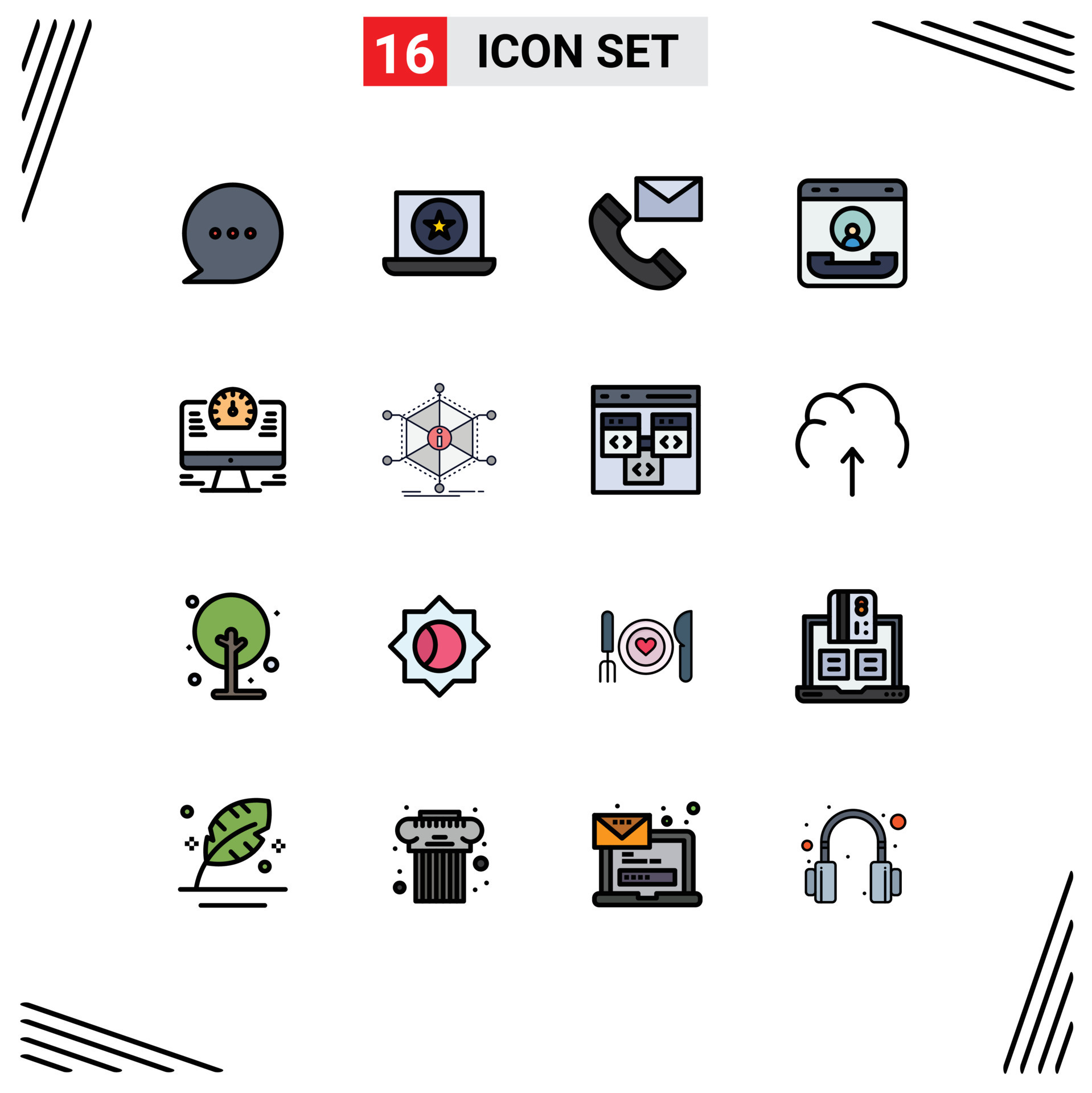Modern Set Of 16 Flat Color Filled Lines Pictograph Of Computer Contact Contact Communication
