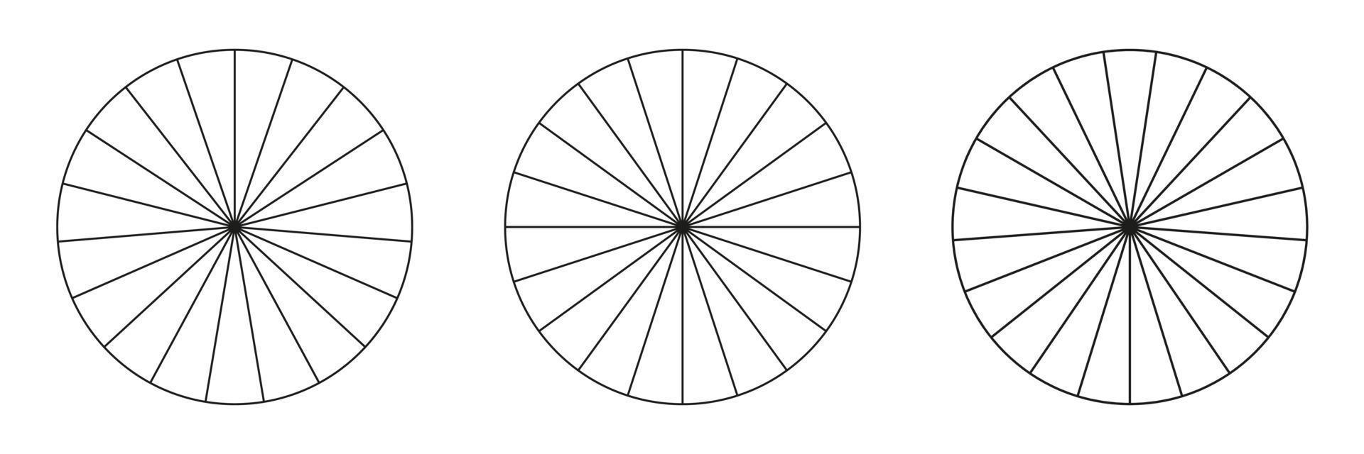 Circles divided in 19,20,21 segments. Pizza or pie round shapes cut in equal slices. Outline ...