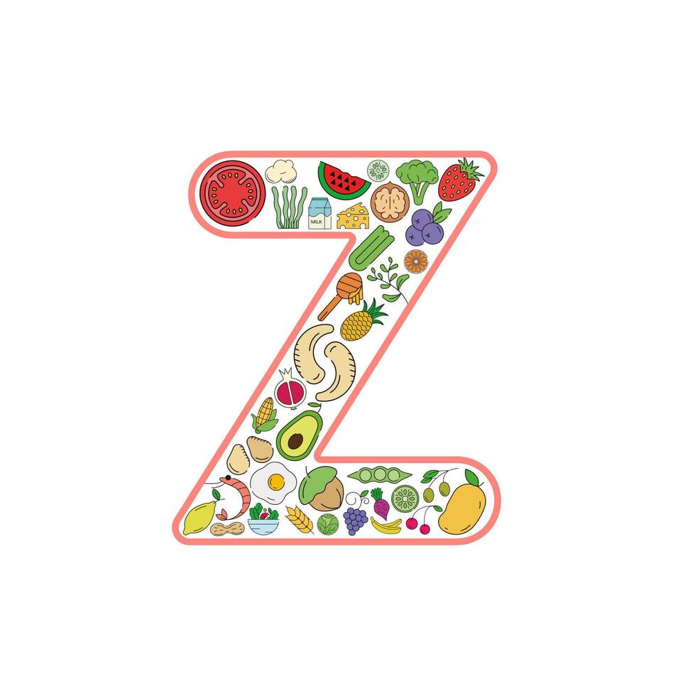 Food and drink collage icon set from letter Z. Vector set of essential allergens and diet line ...