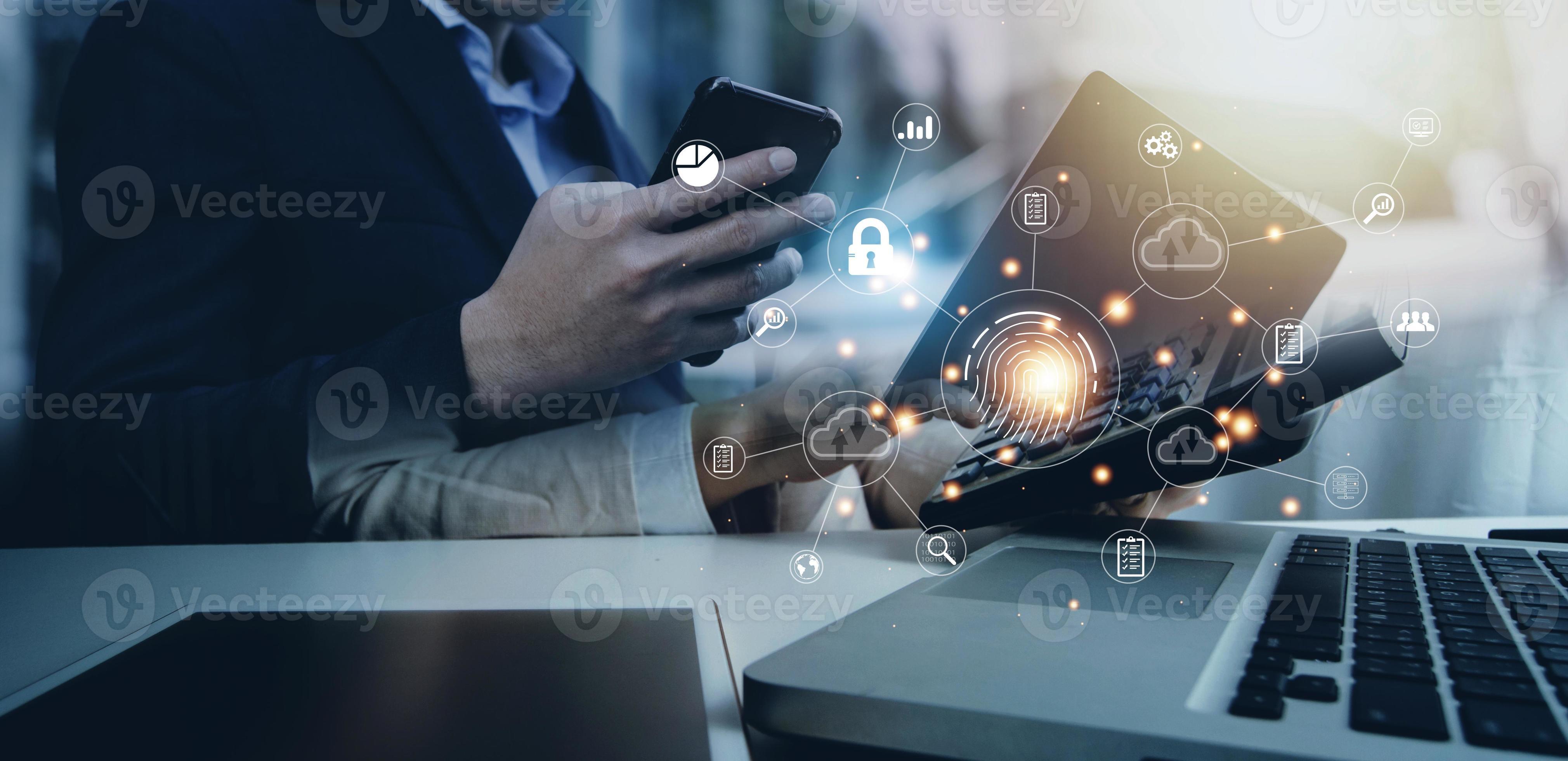 Businessmen Fingerprint Scanning And Biometric Authentication Processing Of Biometric For