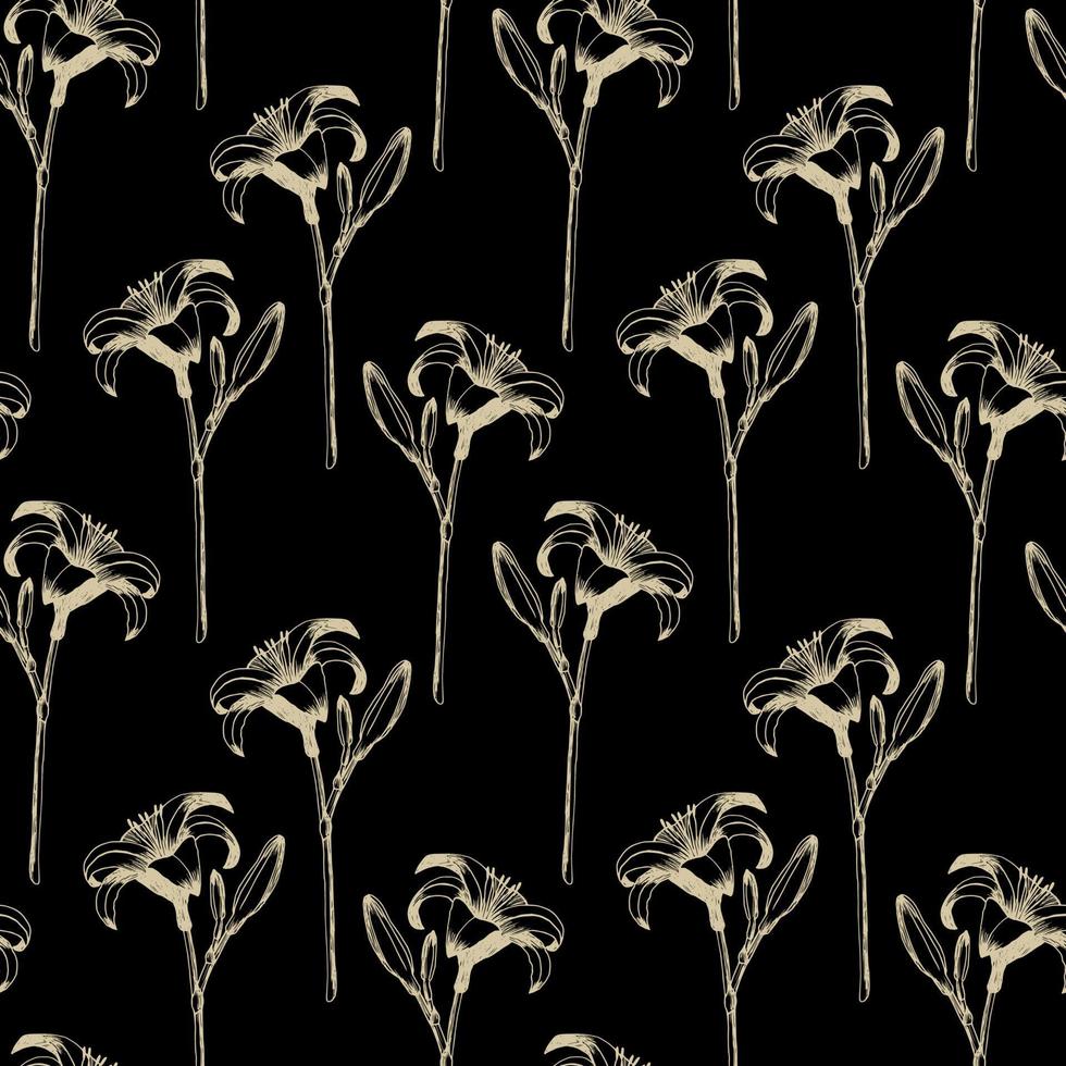 Daylily vector seamless pattern. Hand drawn gold flowers of day lily on ... Daylily vector seamless pattern. Hand drawn gold flowers of day lily on ...