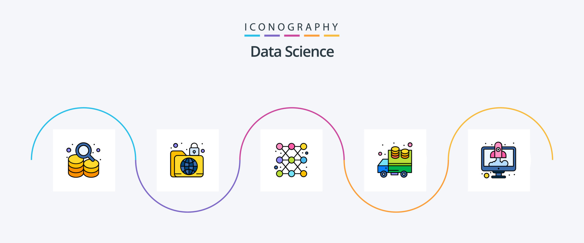Data Science Line Filled Flat 5 Icon Pack Including Computer Data Secure Big Data Line