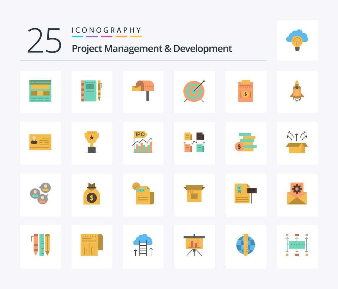 Project Management And Development 25 Flat Color icon pack including focus. dart. pencil. target ...