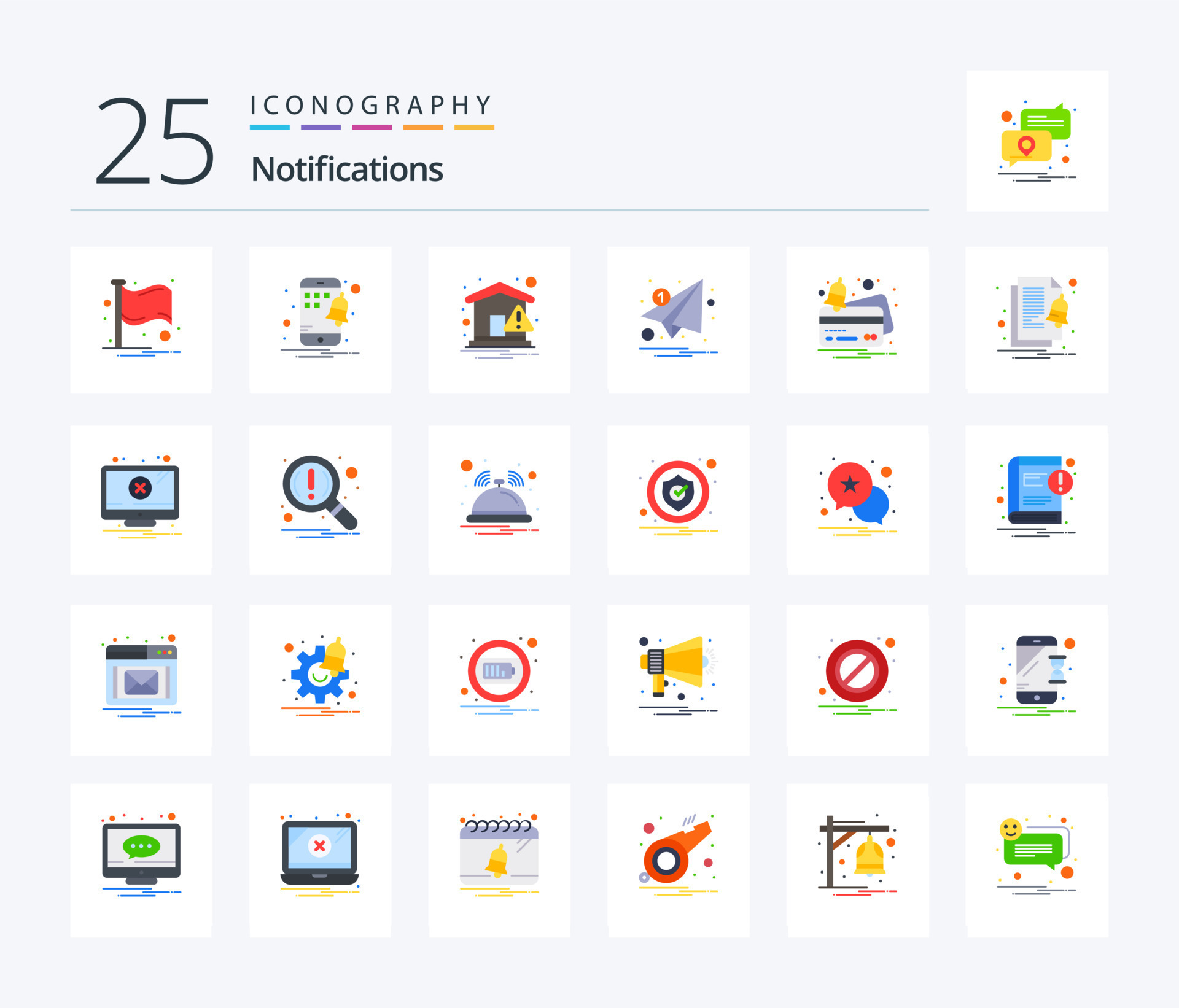Notifications 25 Flat Color Icon Pack Including Credit Paper Notice Notification Letter