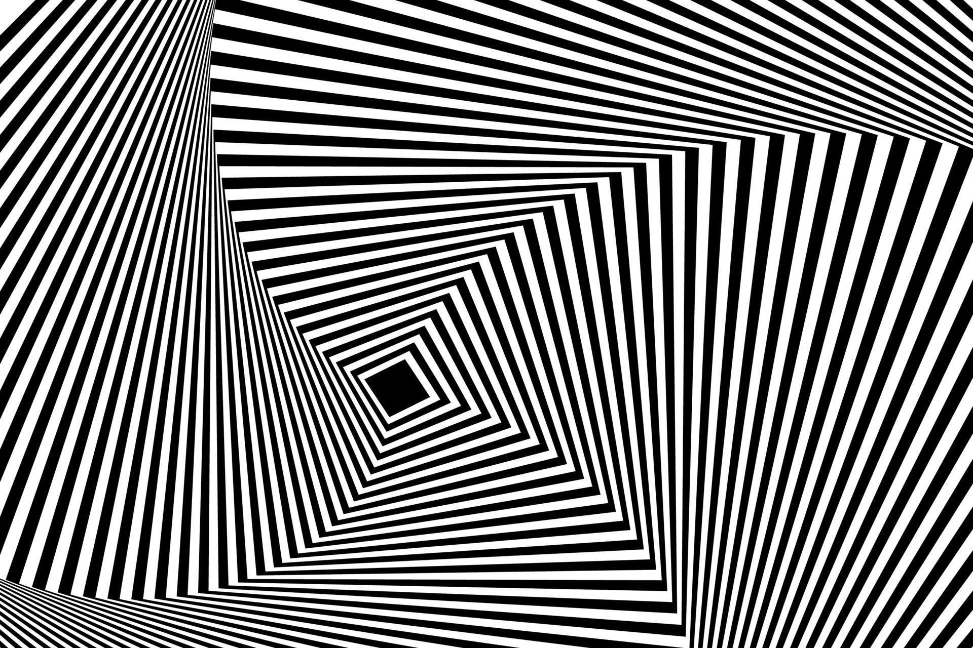 Black op art striped square spiral vector template. Distorted wavy ...