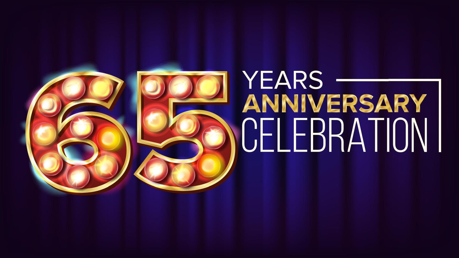 Vector de banner de aniversario de 65 años. sesenta y cinco, sesenta y cinco celebración. número ...