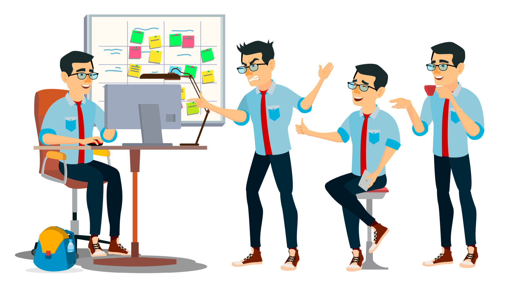 Business Man Character Vector. Working Asian, Man. Team Room. Asiatic ...