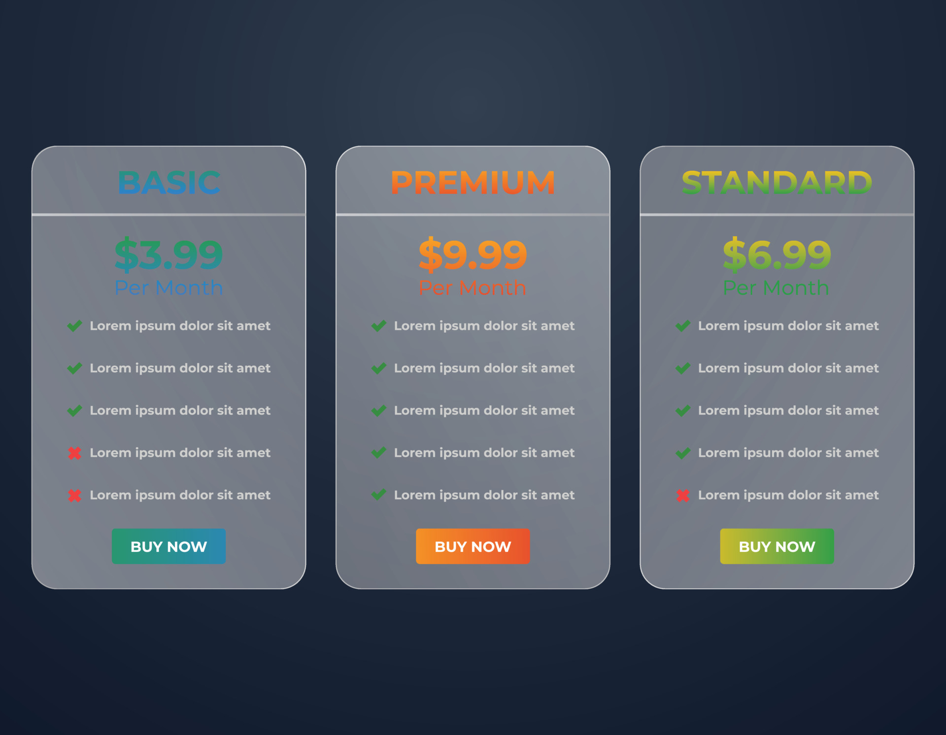 Modern glass morphism web pricing table comparison chart UI design ...