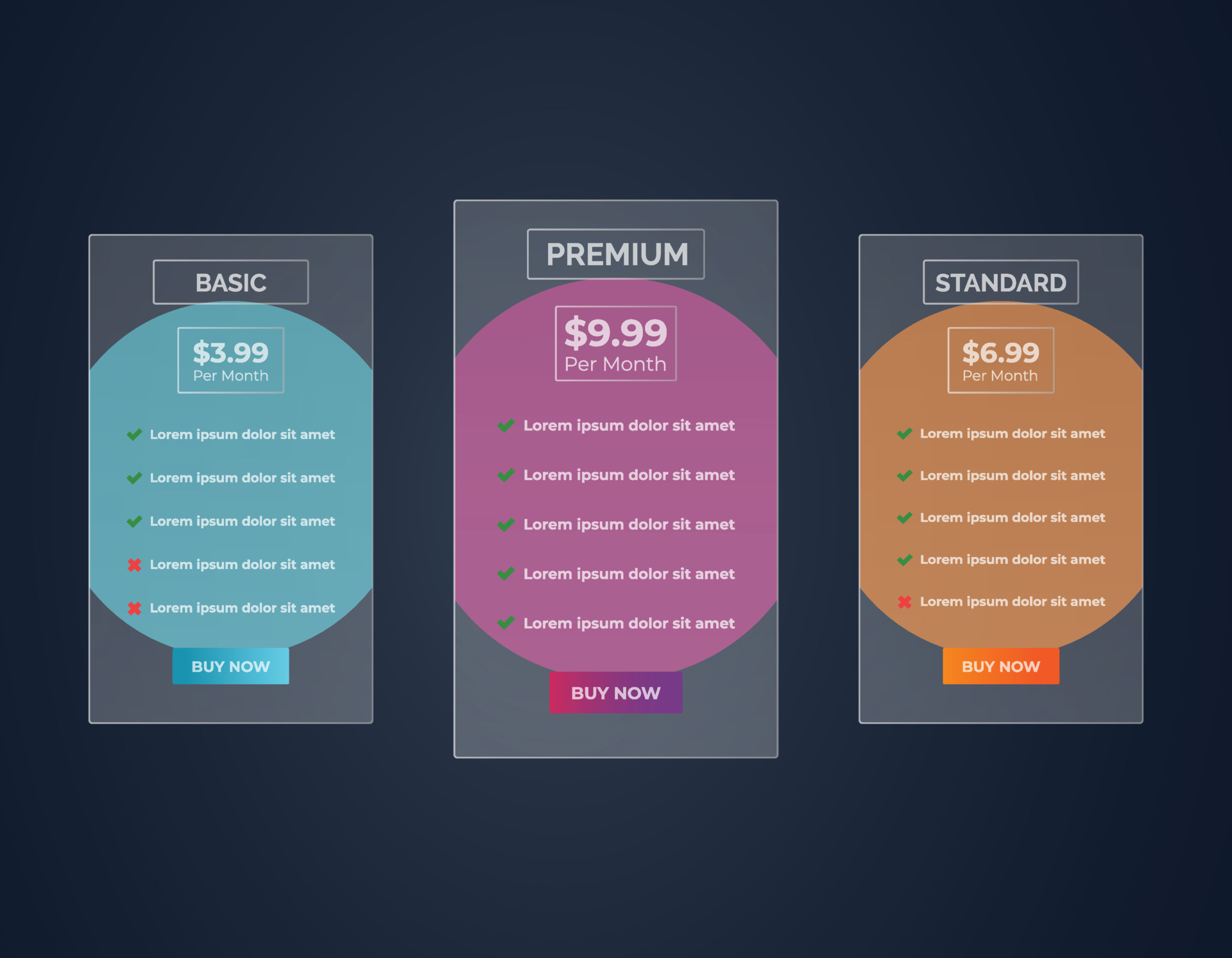 Modern glass morphism web pricing table comparison chart UI design ...