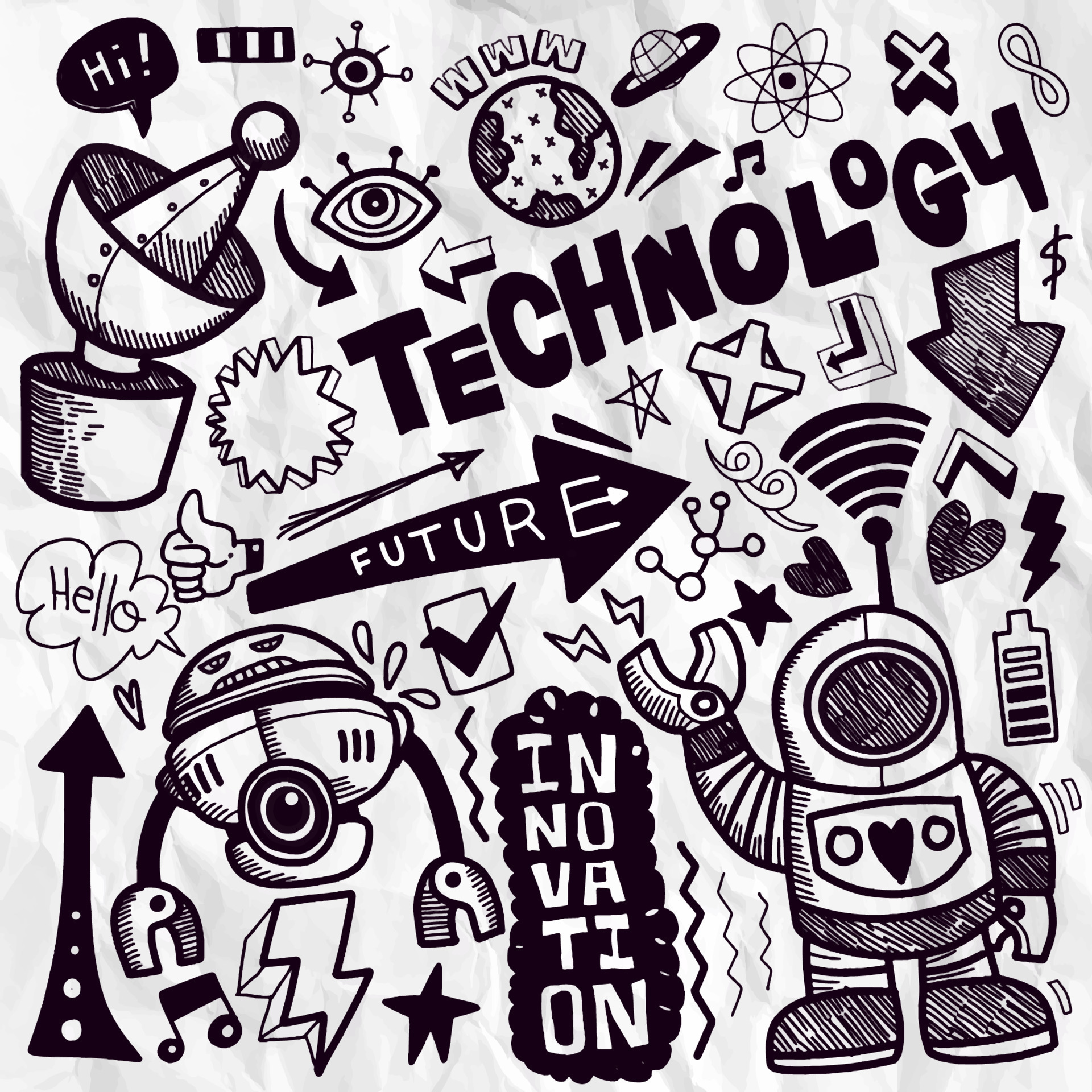 Technology doodle drawing collection.Hand drawn vector doodle i ... Technology doodle drawing collection.Hand drawn vector doodle i ...