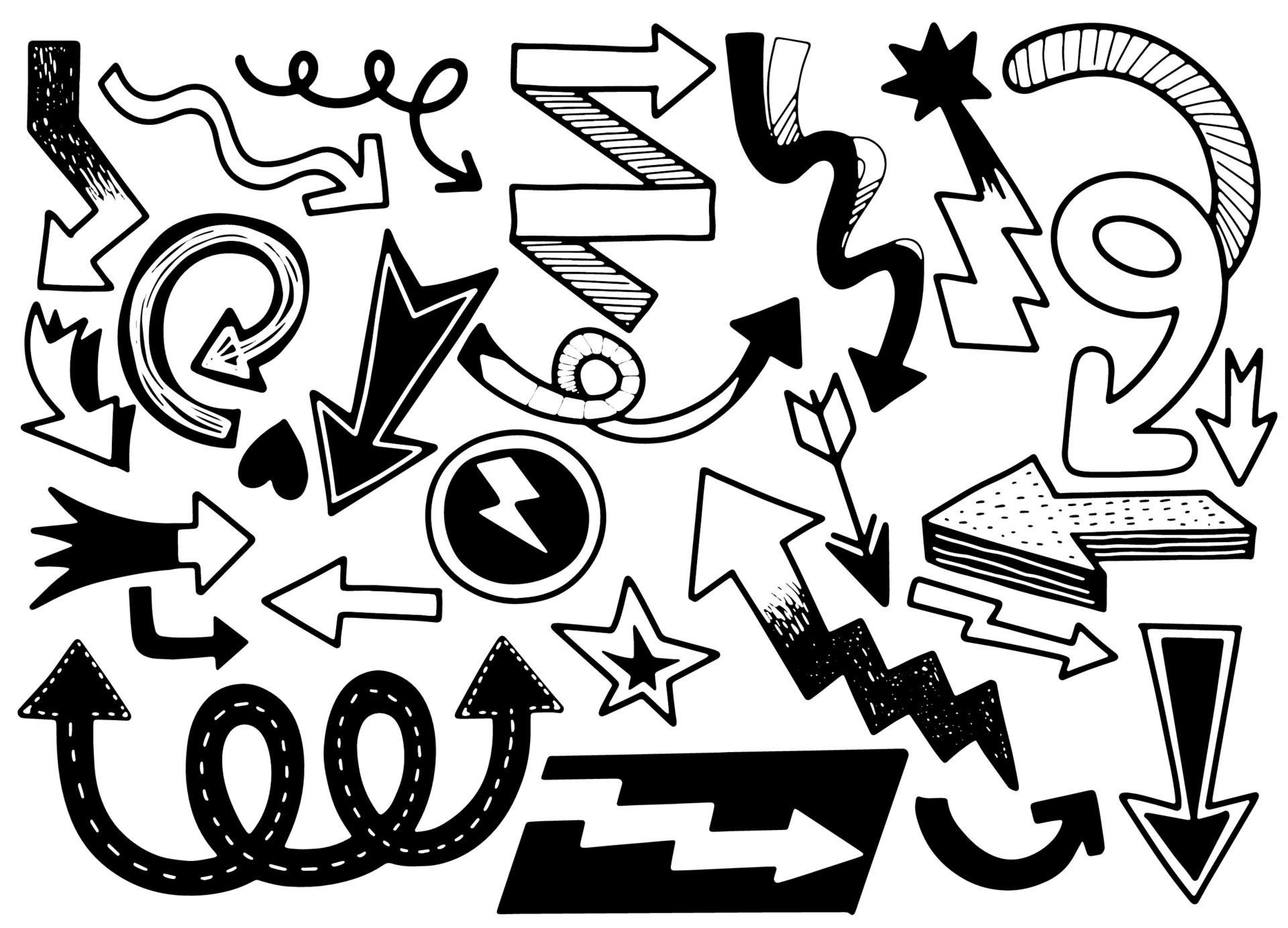 Hand Drawn Set Of Different Arrow Different Black Directional Icons Vector Illustration