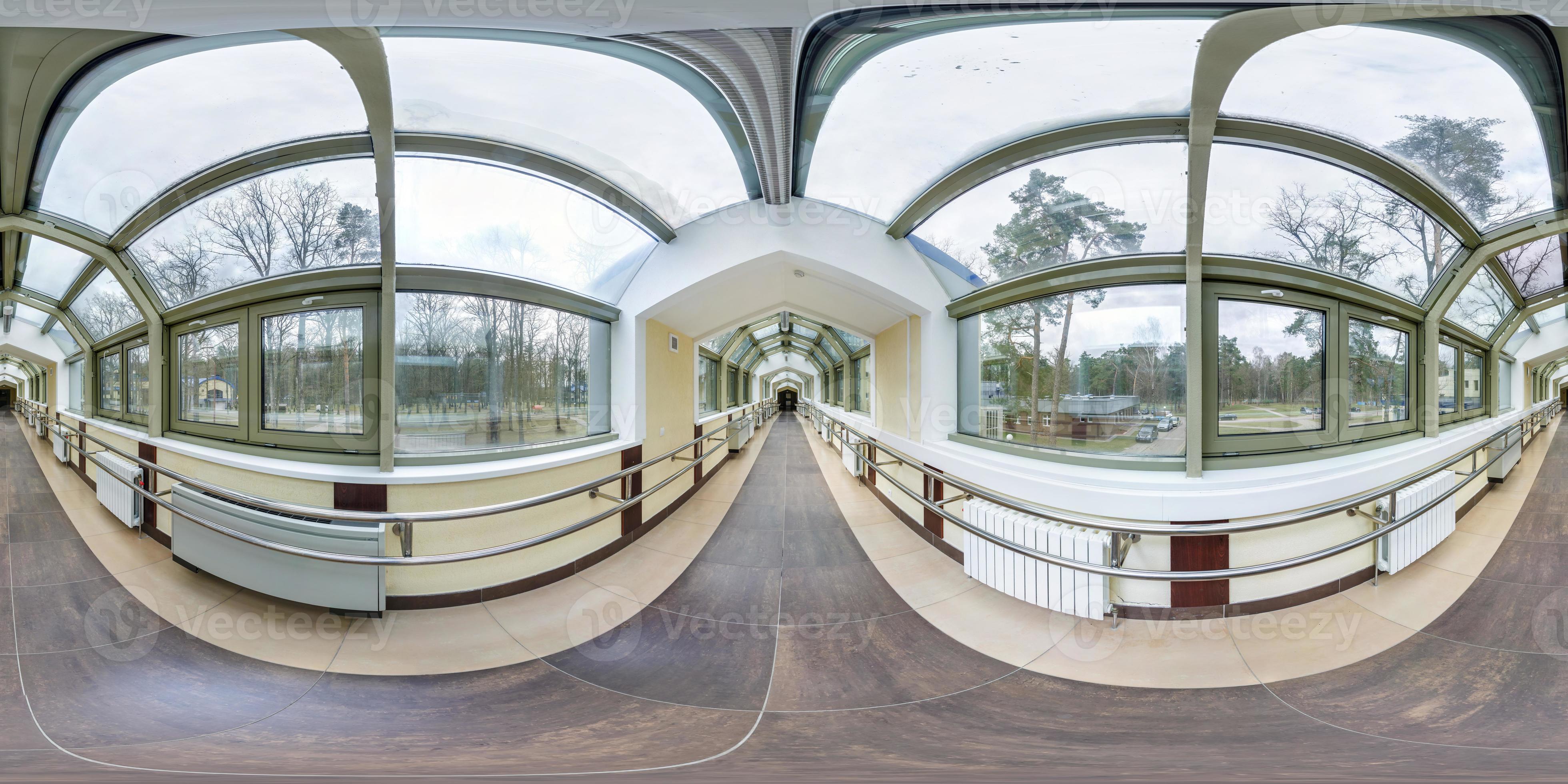 360 seamless hdri panorama view inside empty long corridor hall between buildings with ...