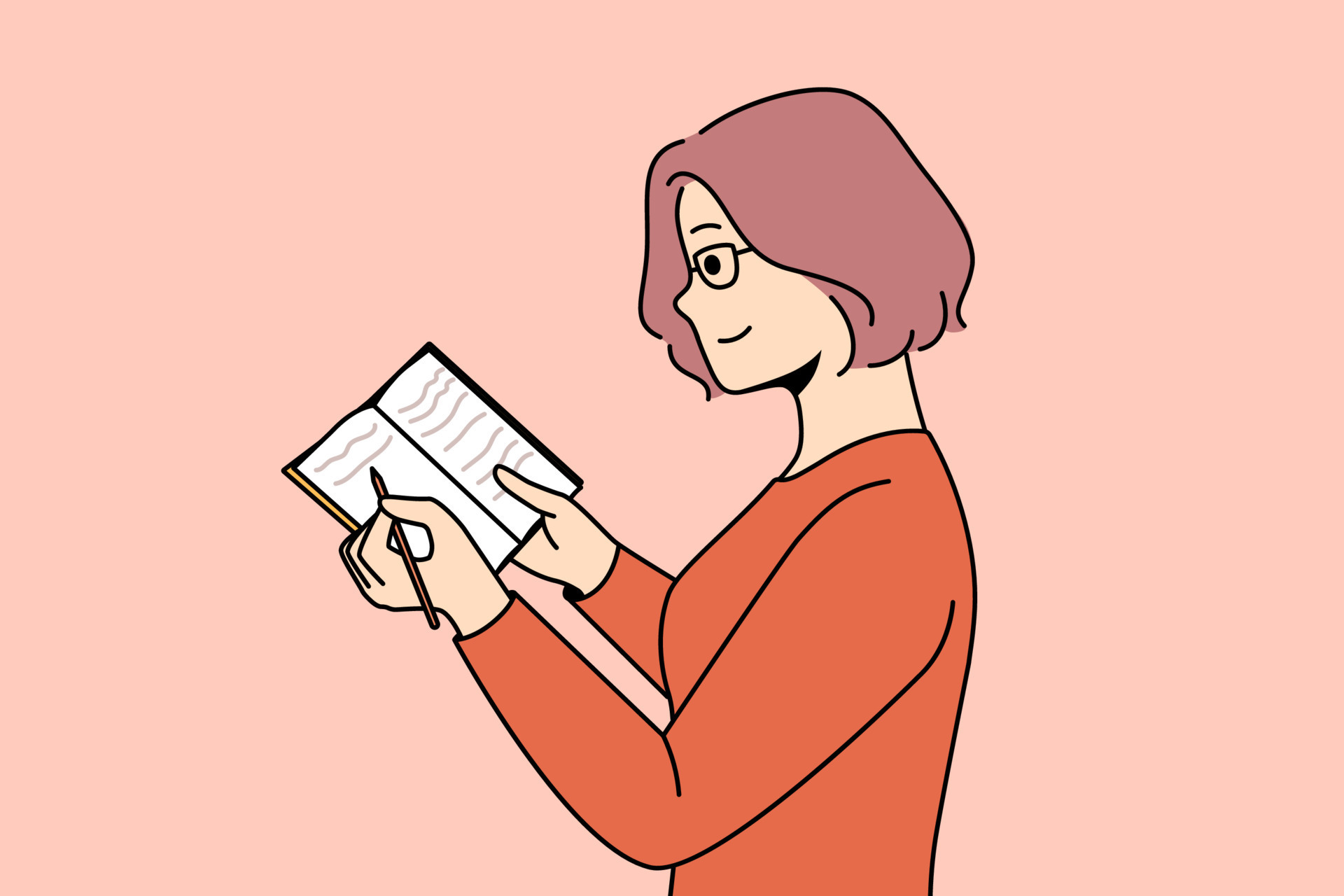 Smiling Young Woman In Glasses Take Notes In Notebook Happy Female smiling-young-woman-in-glasses-take-notes-in-notebook-happy-female