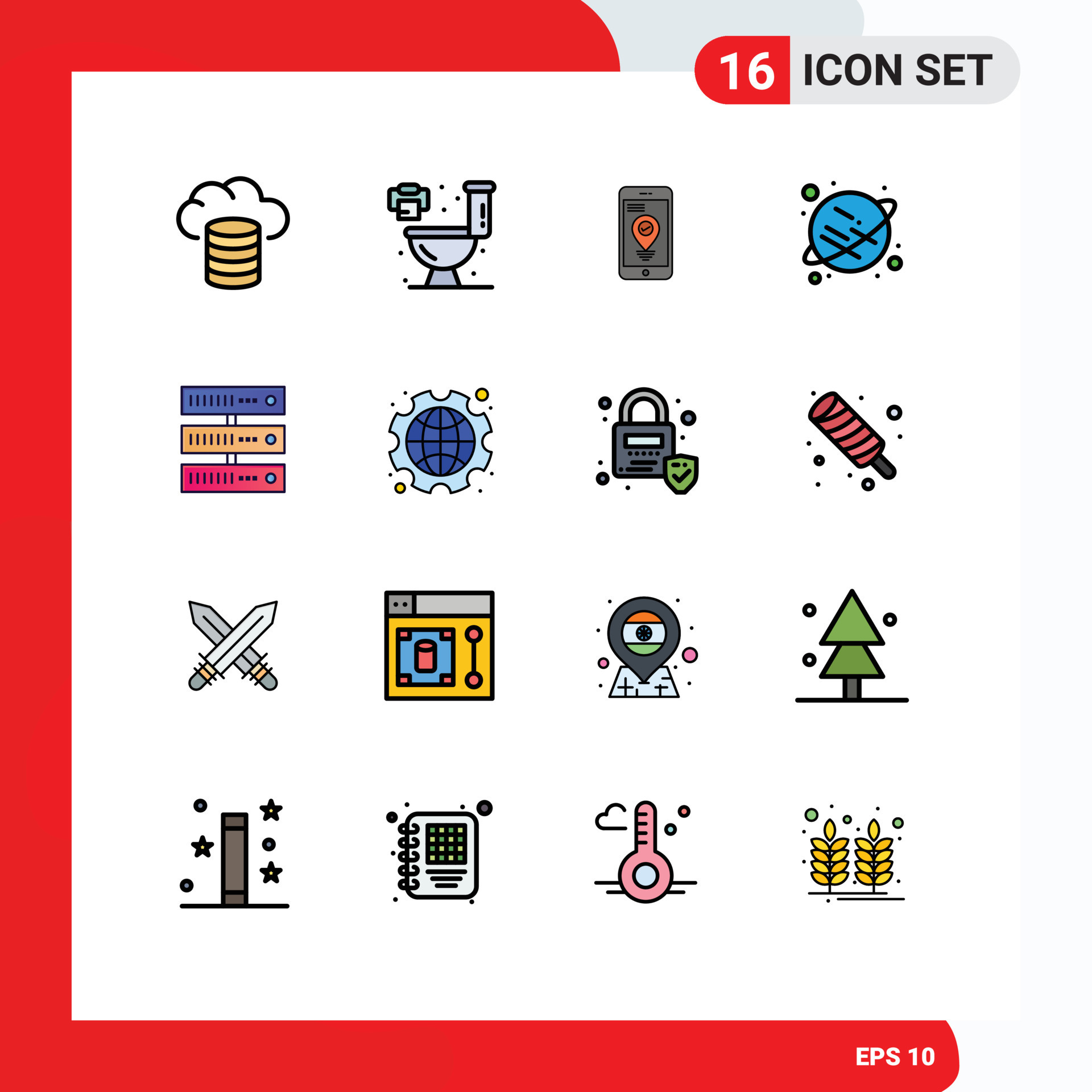 Modern Set Of 16 Flat Color Filled Lines Pictograph Of International Storage Pointer Data Space