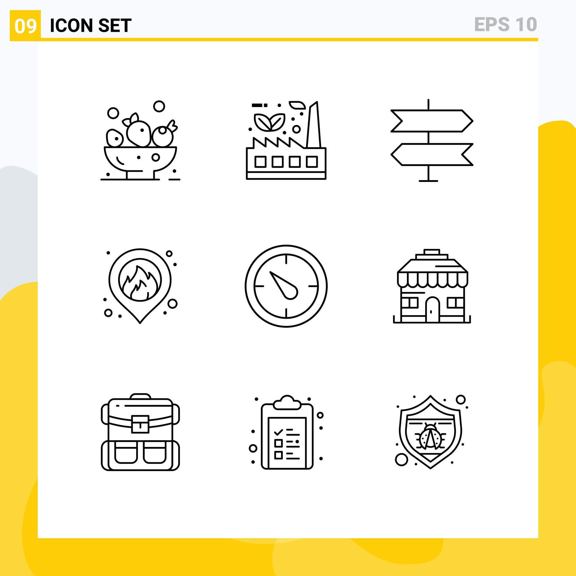 Set Of 9 Commercial Outlines Pack For Building Time Direction Stopwatch Location Editable Vector