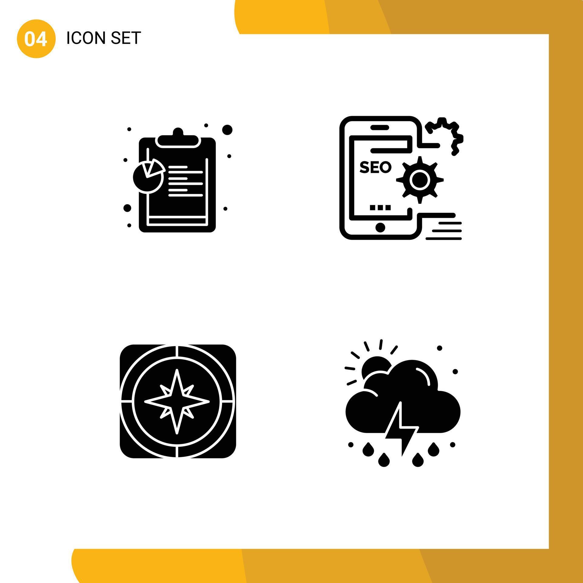 4 User Interface Solid Glyph Pack of modern Signs and Symbols of analysis compass seo setting ...