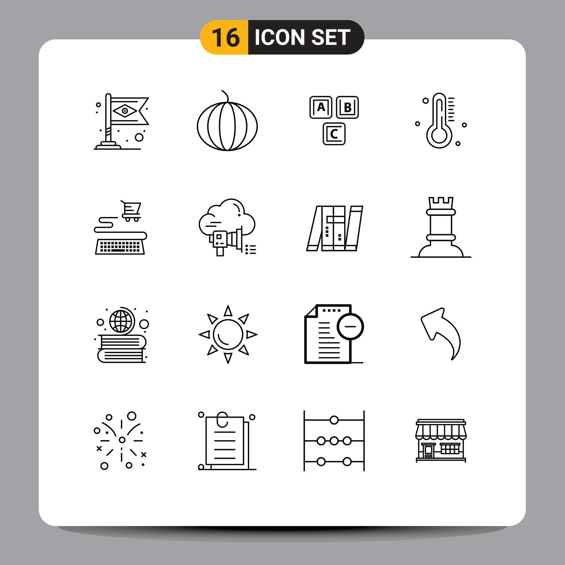 Set of 16 Vector Outlines on Grid for shopping ecommerce basic rain temperature Editable Vector ...