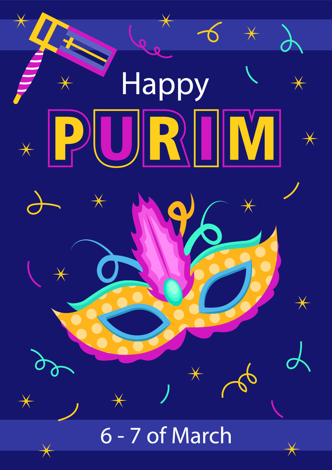 afiche de carnaval de purim con máscara, bolsa de frijoles, confeti en el fondo, pancarta de ...
