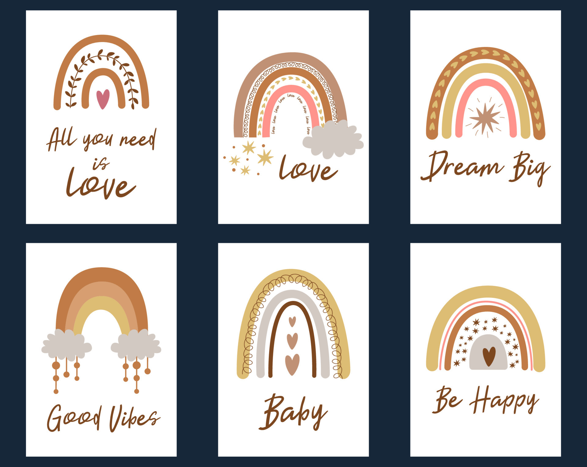 Set of cute baby shower cards with boho rainbows calligraphy quotes ...